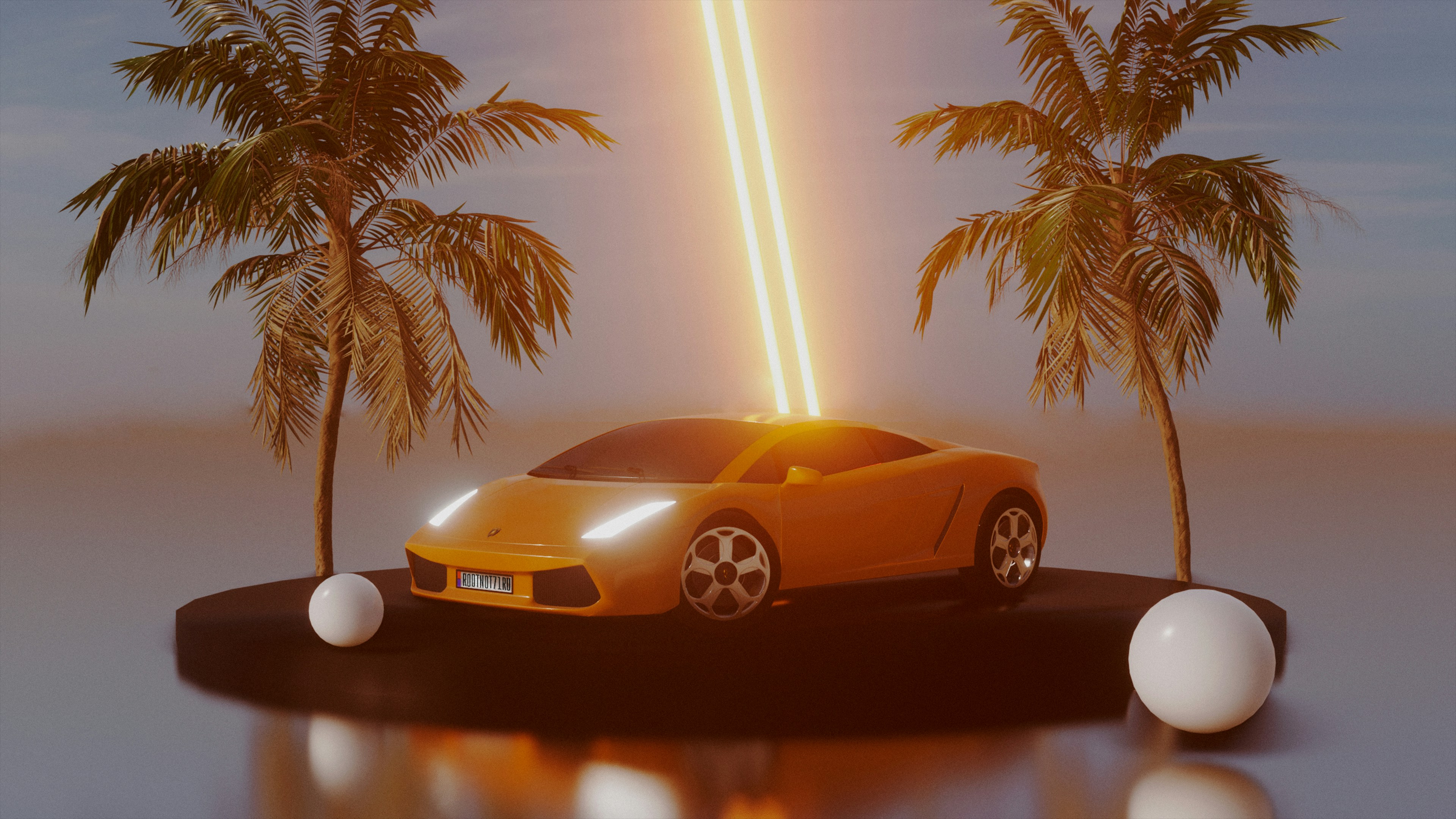A yellow sports car driving past palm trees photo – Free Digital image ...