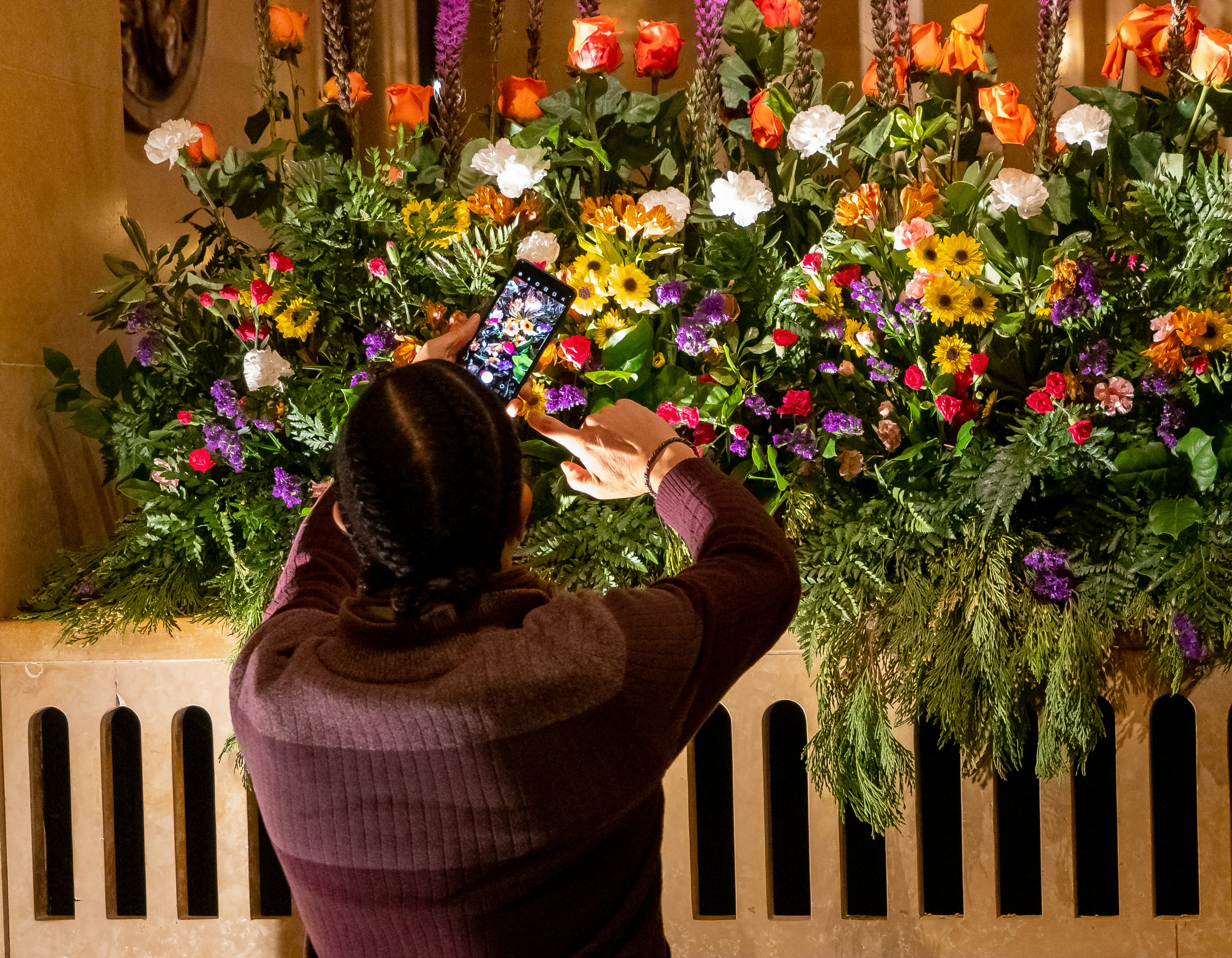 Floral Backdrop Capture: A Person Composes a Moment with a Smartphone