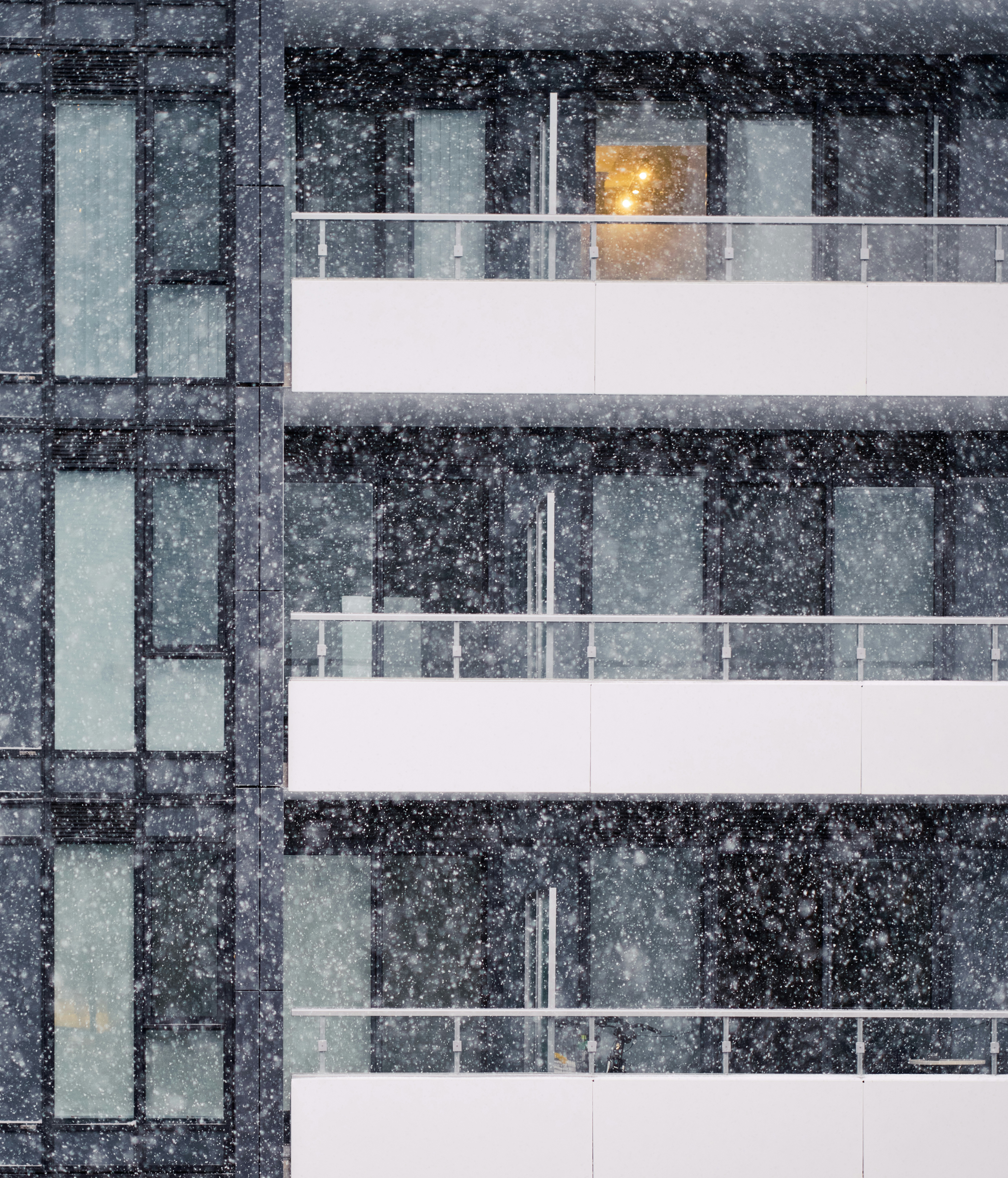 Snow on Modern Facade: Geometric Quiet in a Winter Crossing