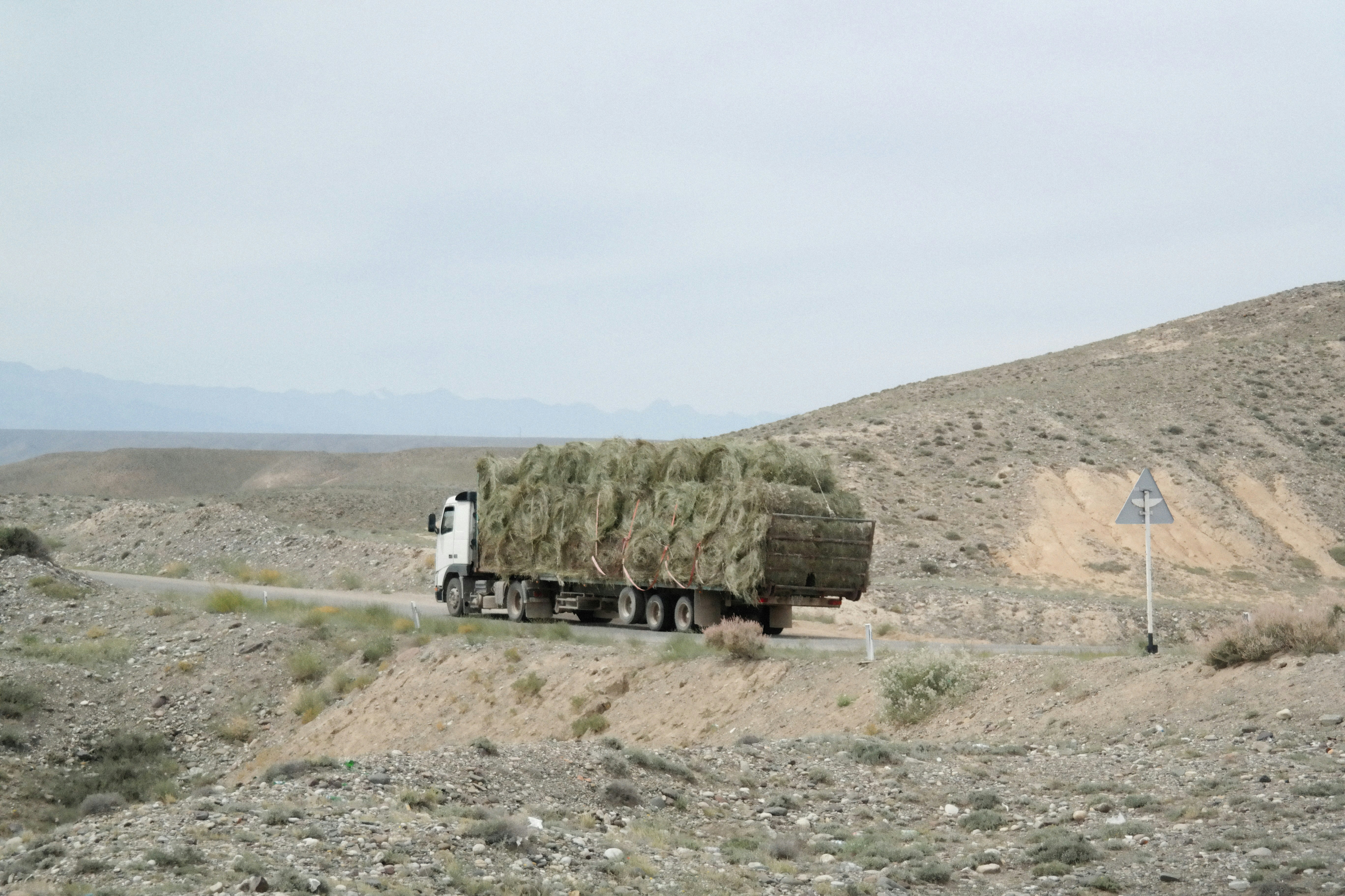 A semi truck hauling a load of hay on the side of a road photo – Free ...
