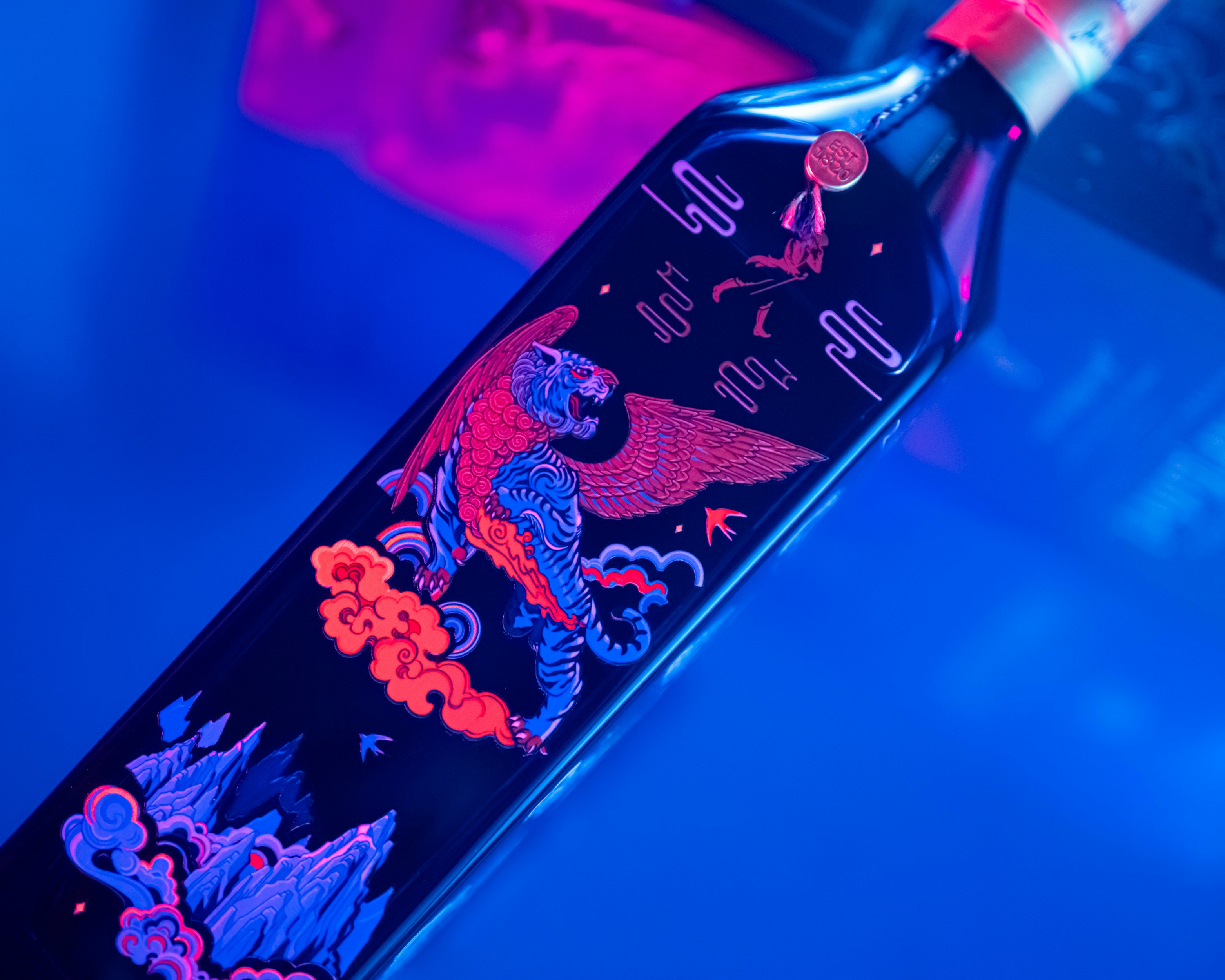 Neon Dragon on a Dark Bottle: A Portrait in Blue-Pink Light