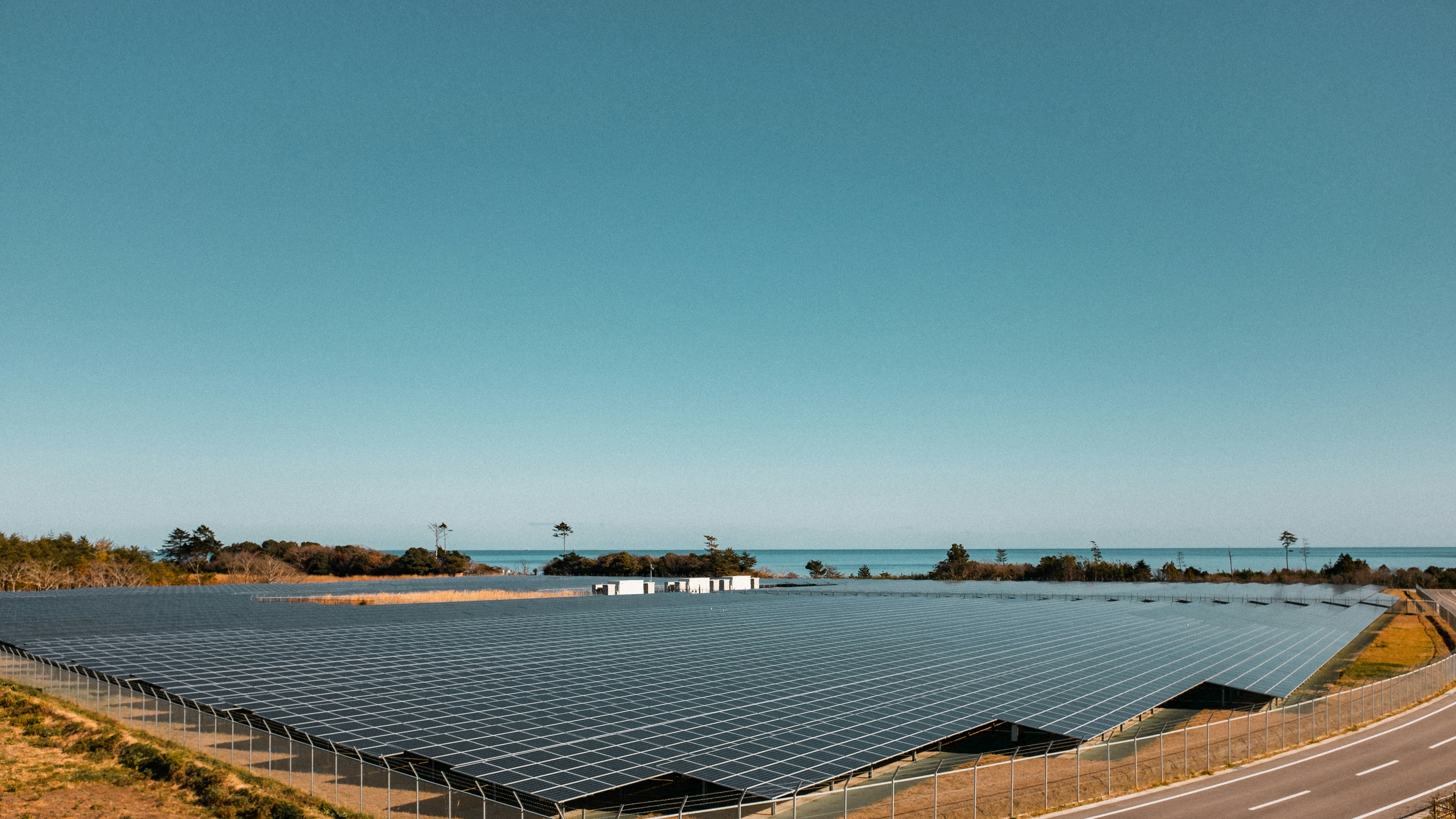 Ridge of Solar Panels Along a Quiet Coastal Highway