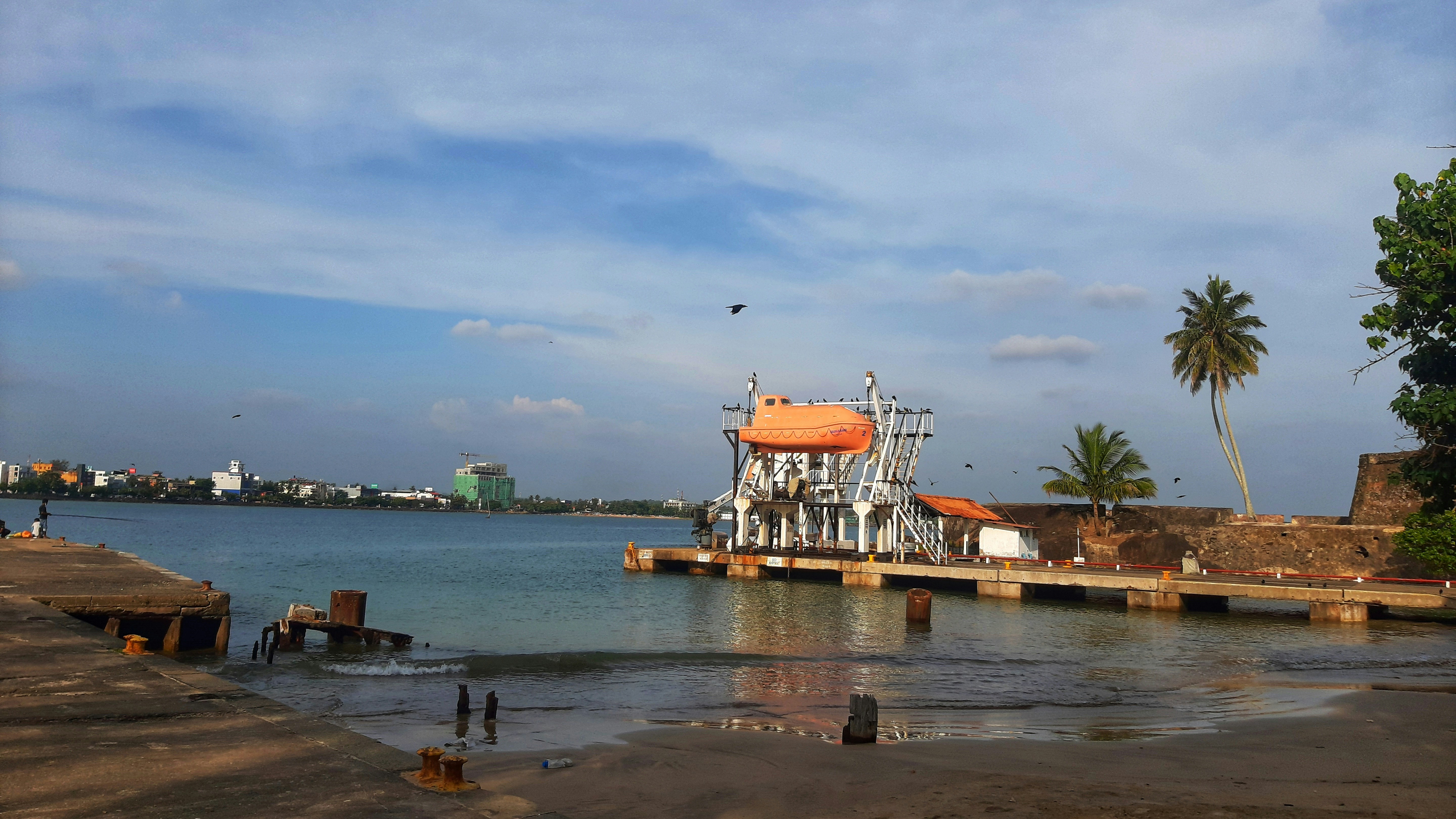 A serene coastal scene with a waterside pavilion, palm trees, and distant buildings under a vast blue sky.
