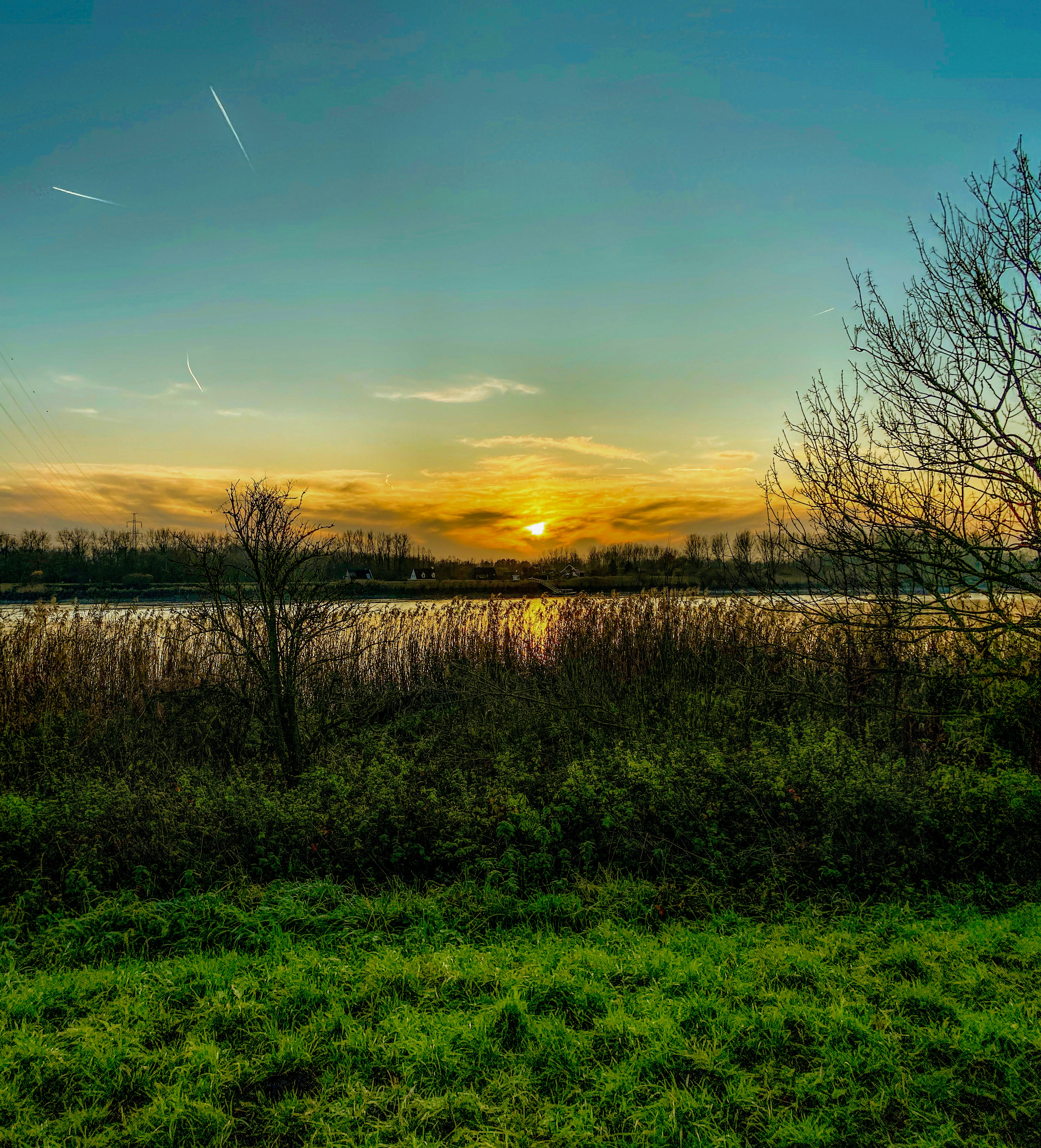 Ember at the Riverbend: Sunset Glow Behind Leafless Silhouettes