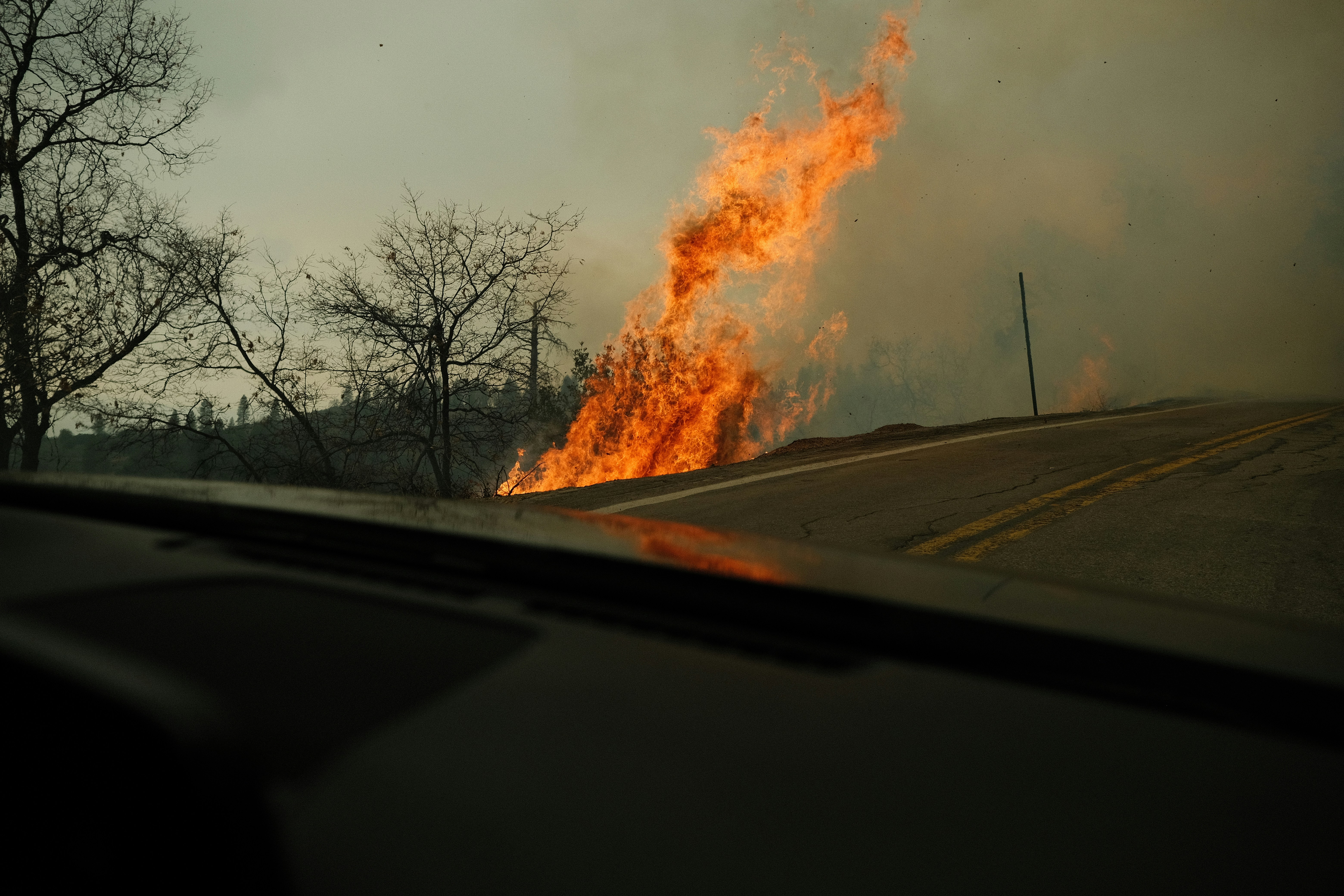 a fire is burning on the side of a road