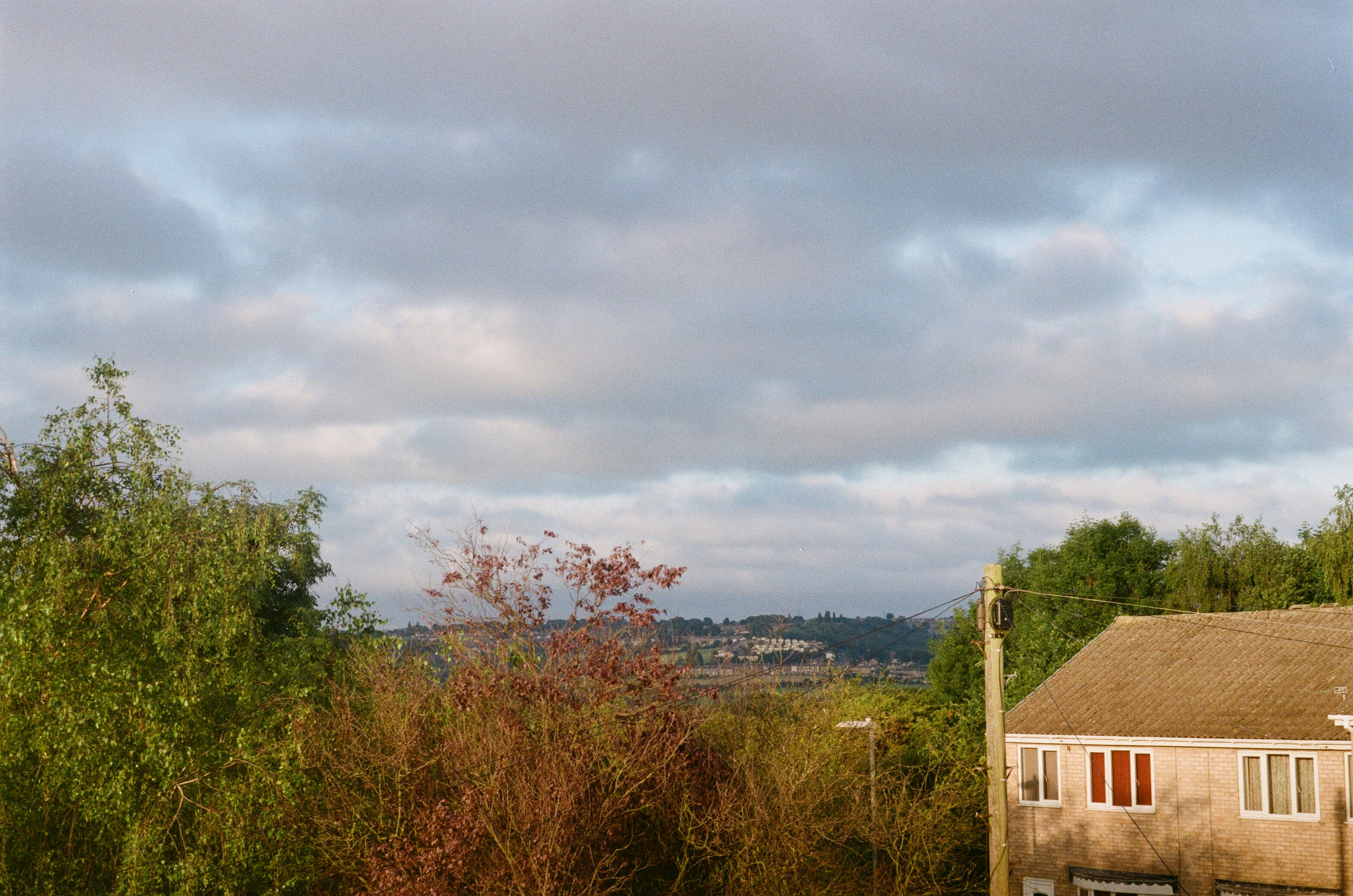 A view of a house from a distance with trees in the foreground photo ...