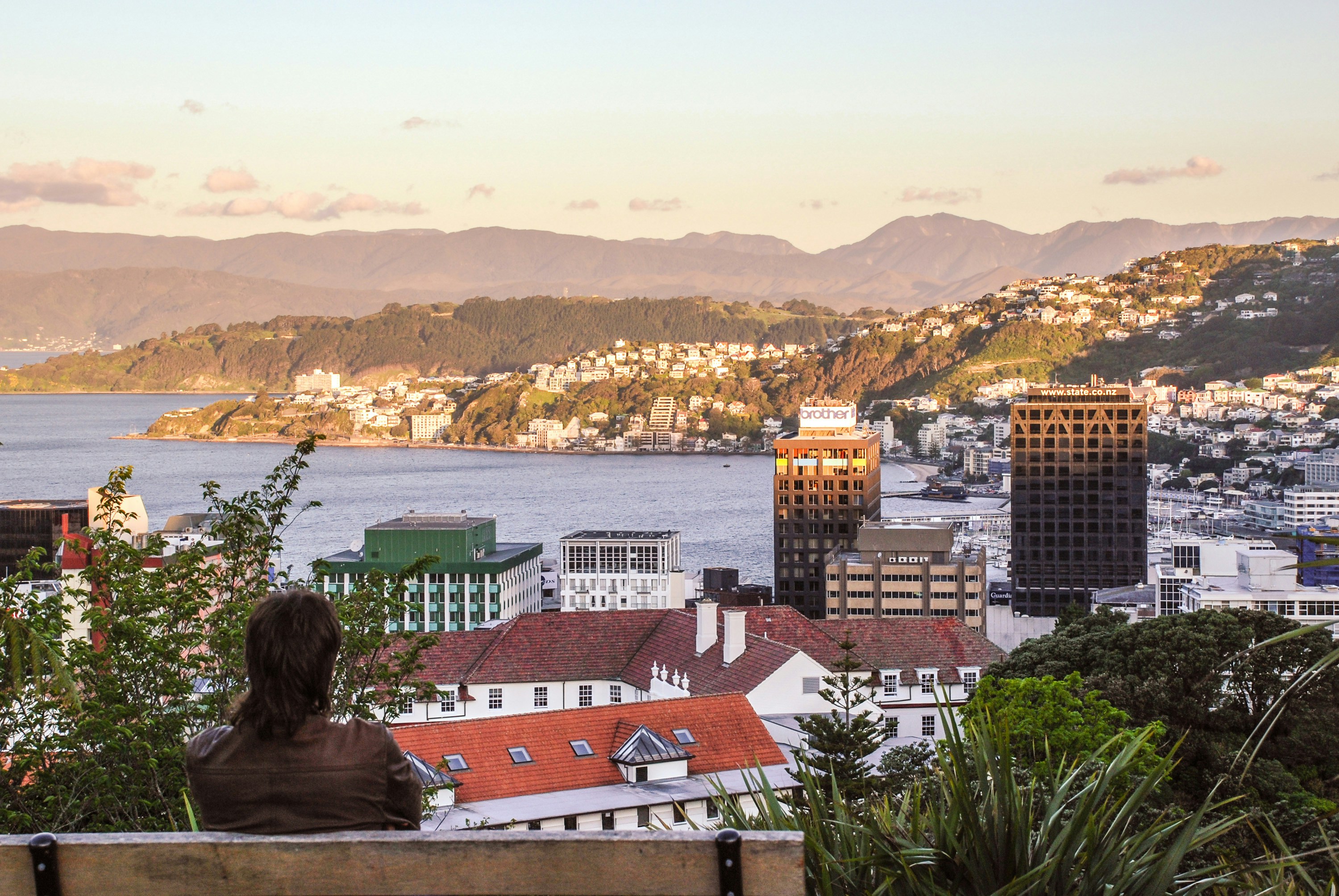Person on a bench gazing at a cityscape with rolling hills and distant mountains under a clear sky.