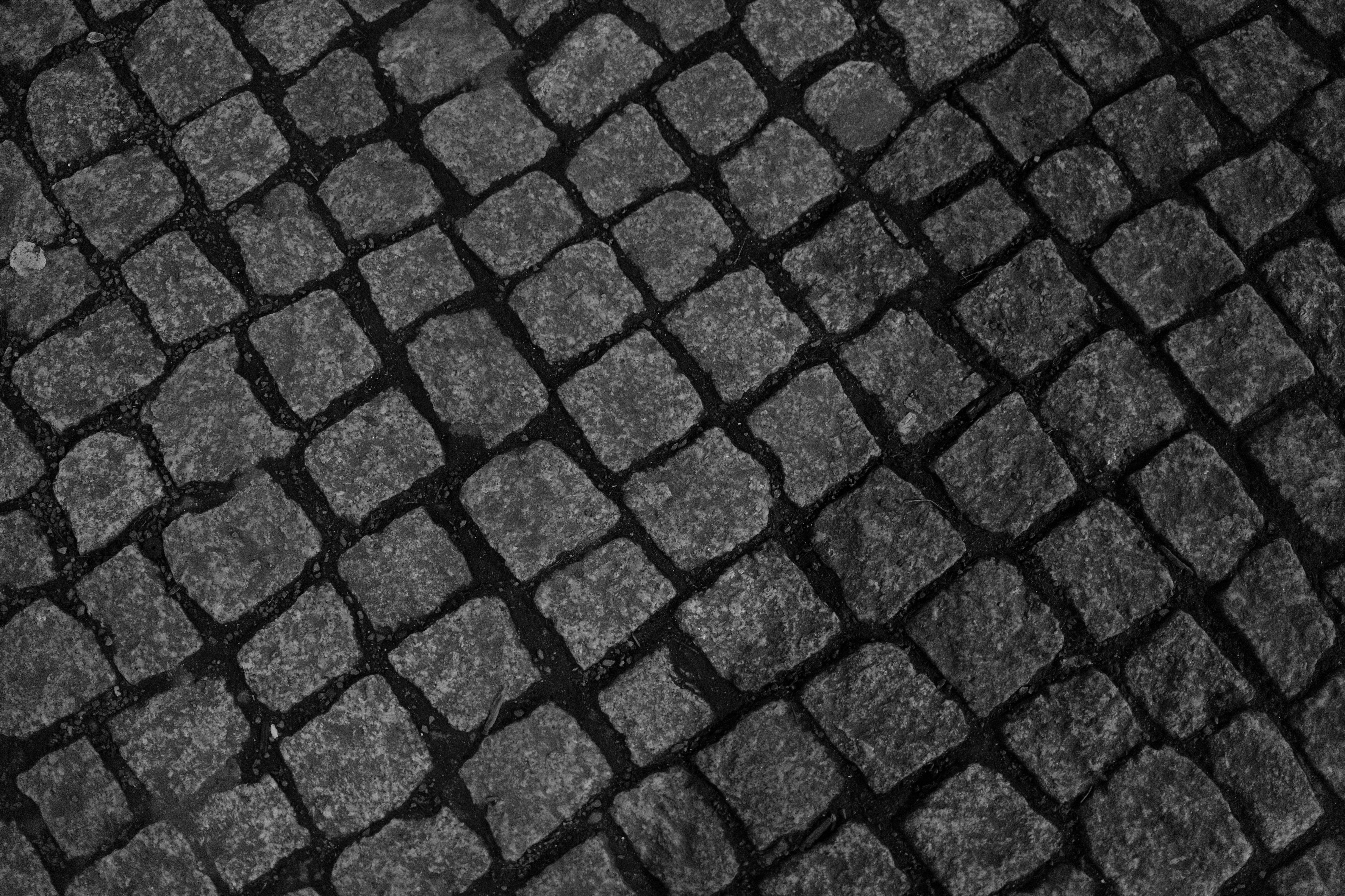 Close-up view of a cobblestone pavement, showcasing the intricate patterns and textures of the stones. The monochromatic tones enhance the visual depth.
