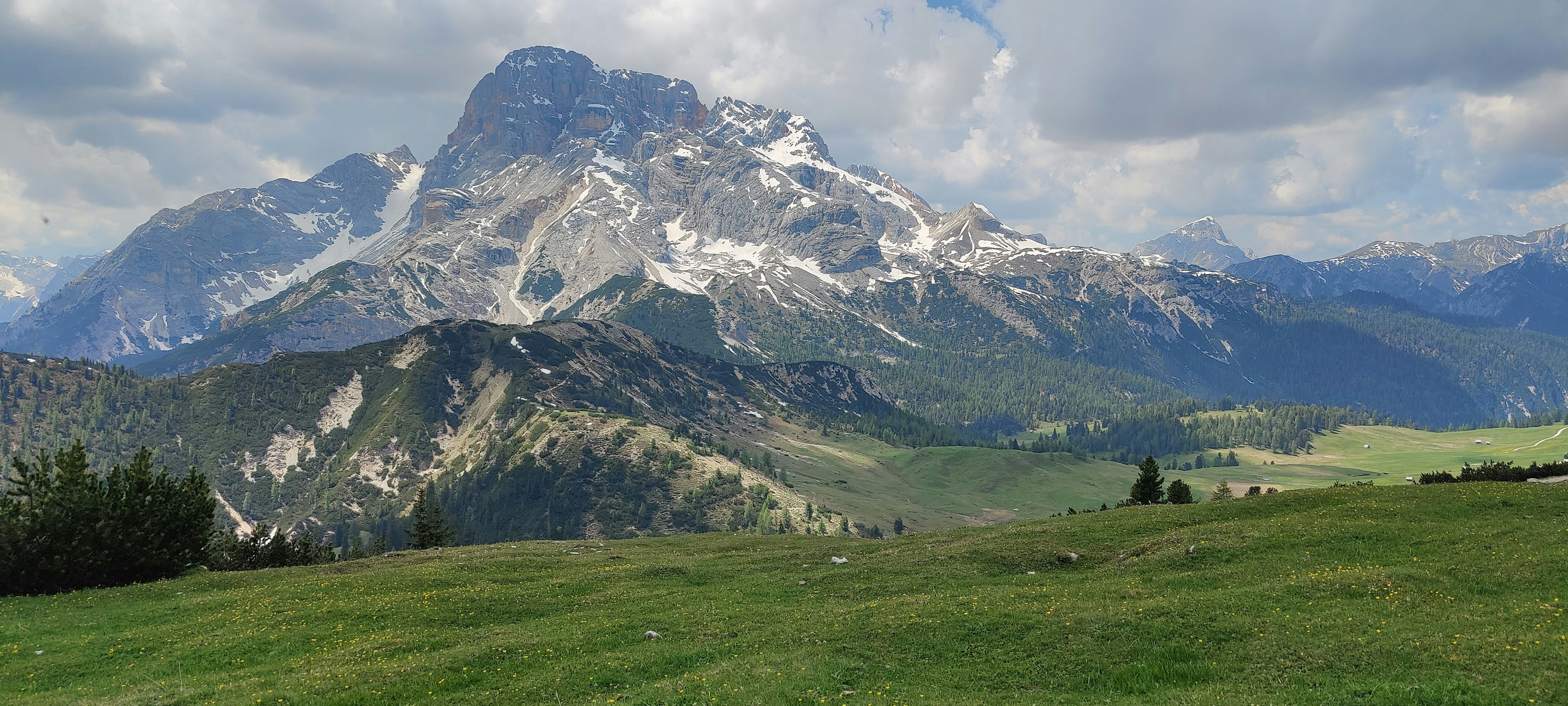Snow-capped mountains rise majestically above lush green meadows under a partly cloudy sky.