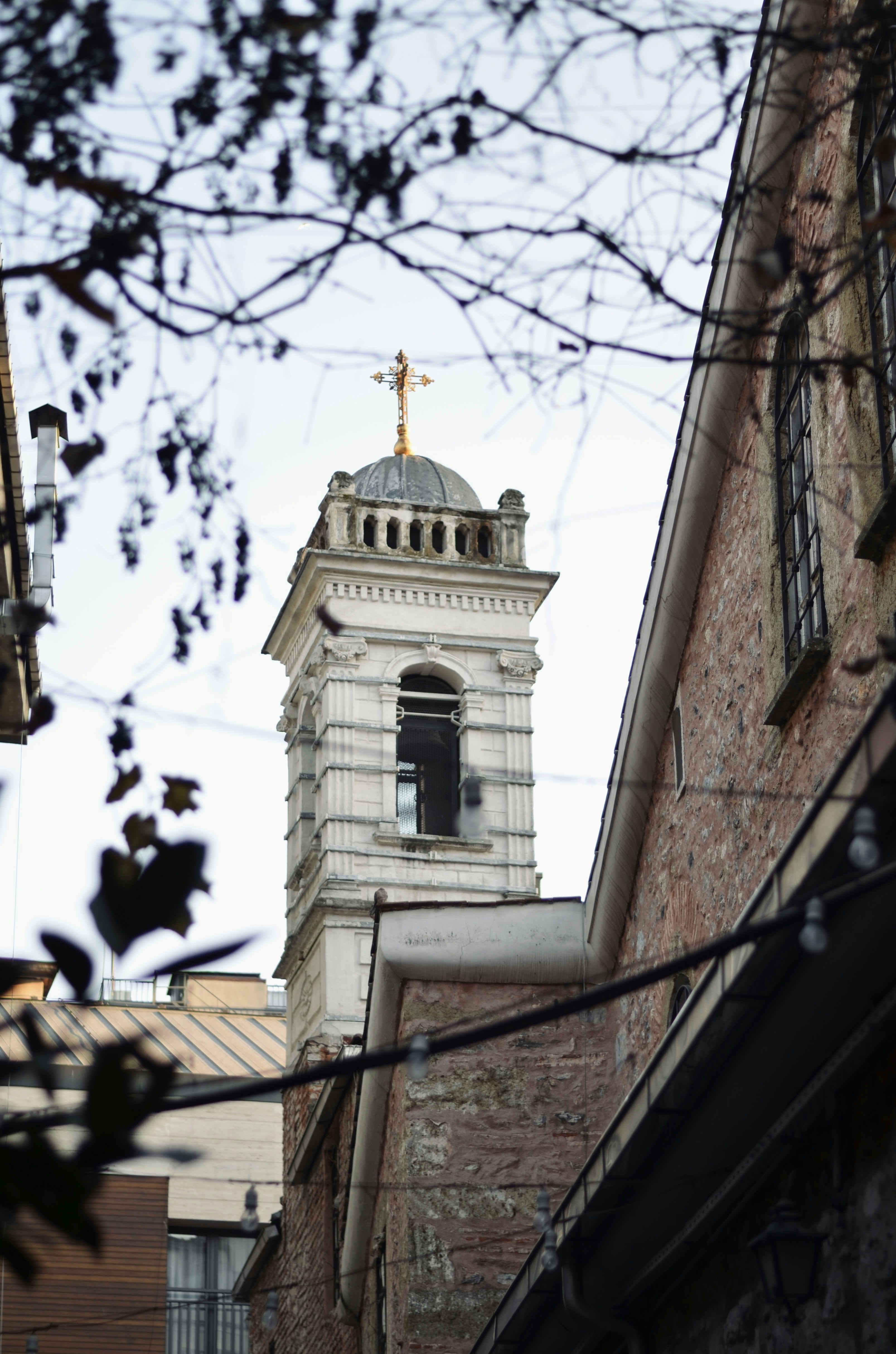 Historic bell tower peeking through urban foliage, showcasing architectural elegance amidst modern surroundings.