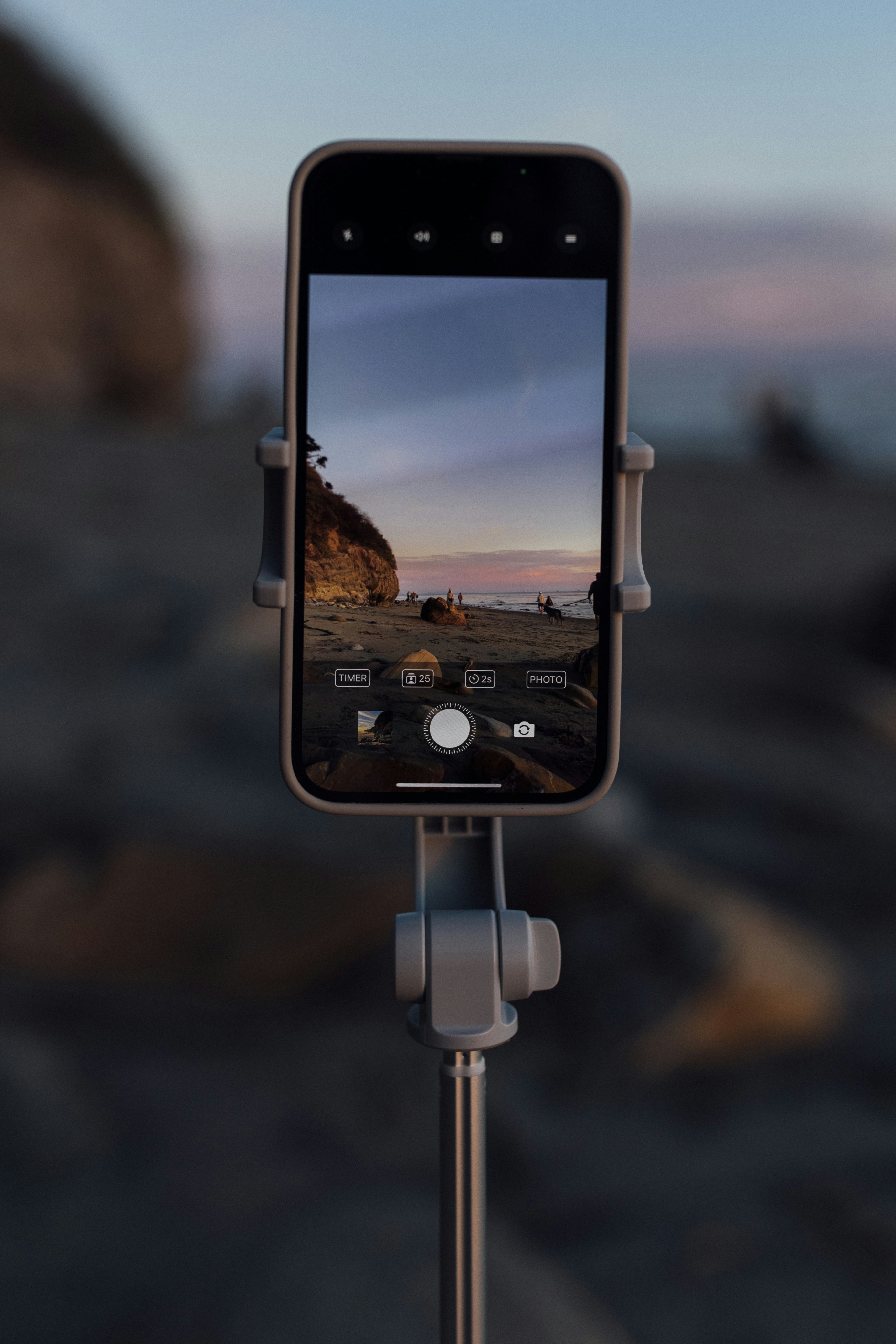 Dusk on the Beach, Framed by a Smartphone on a Tiny Tripod