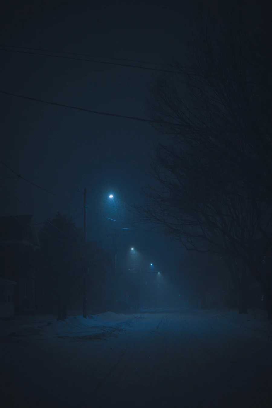 Snow-covered road fading into heavy fog under a row of glowing streetlights. Bare trees and power lines frame the dark, quiet street.