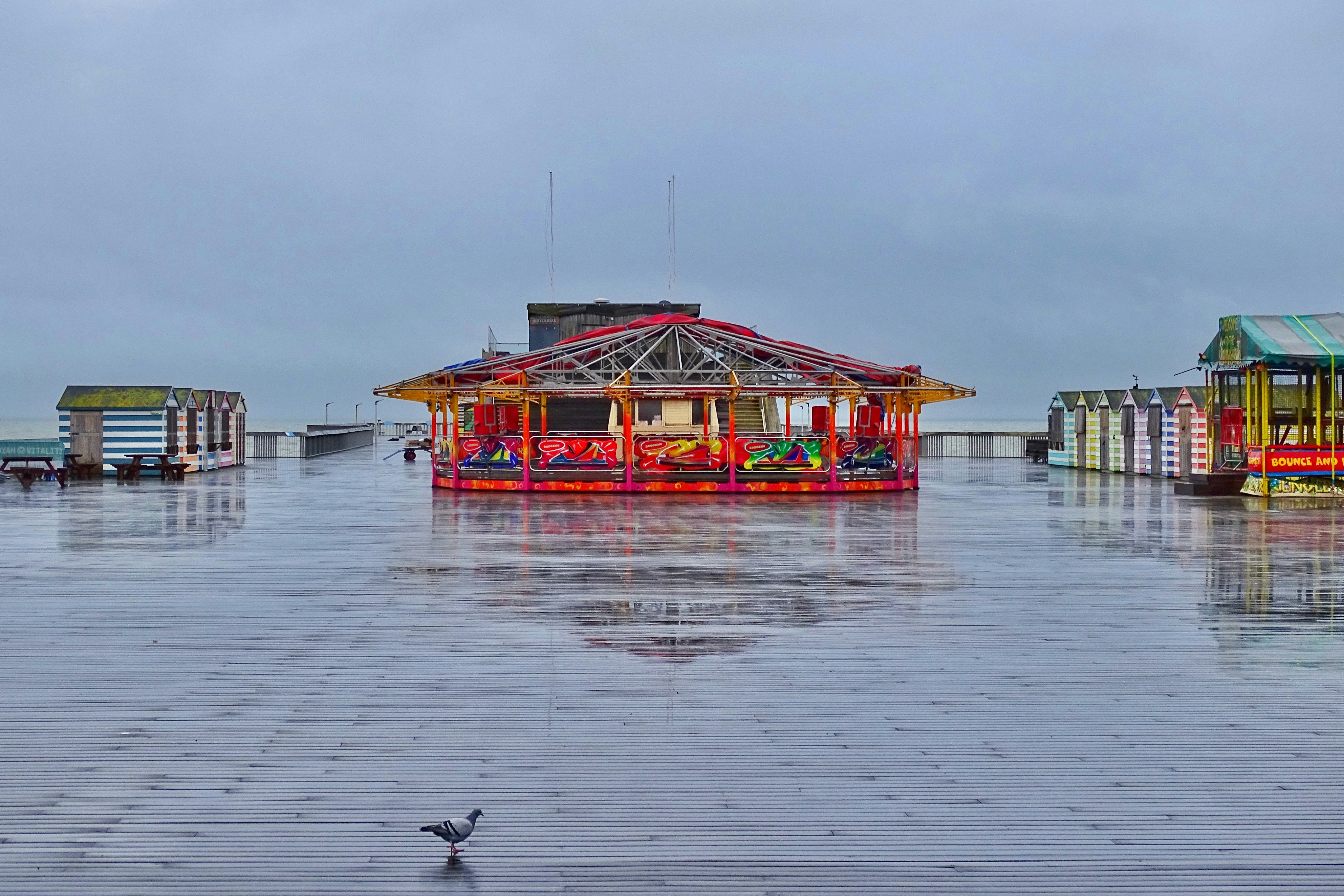 A rainy day at a British Seaside resort in Winter.  The pier is closed to the public and deserted apart from a solitary pigeon.  I love the reflections the rain has made on the wet pier. 