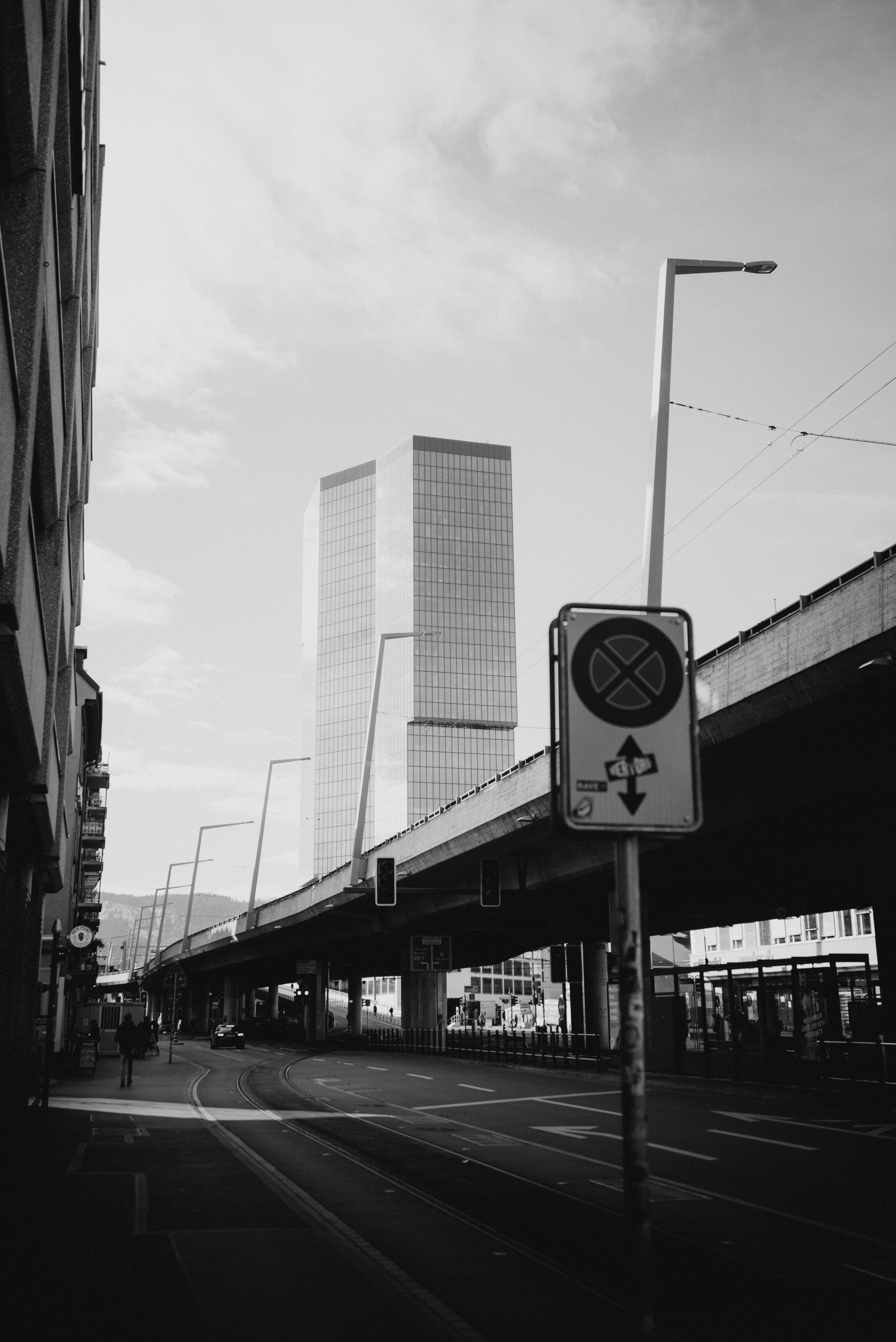 Urban Ridge: A Monochrome Skyline Under the Overpass