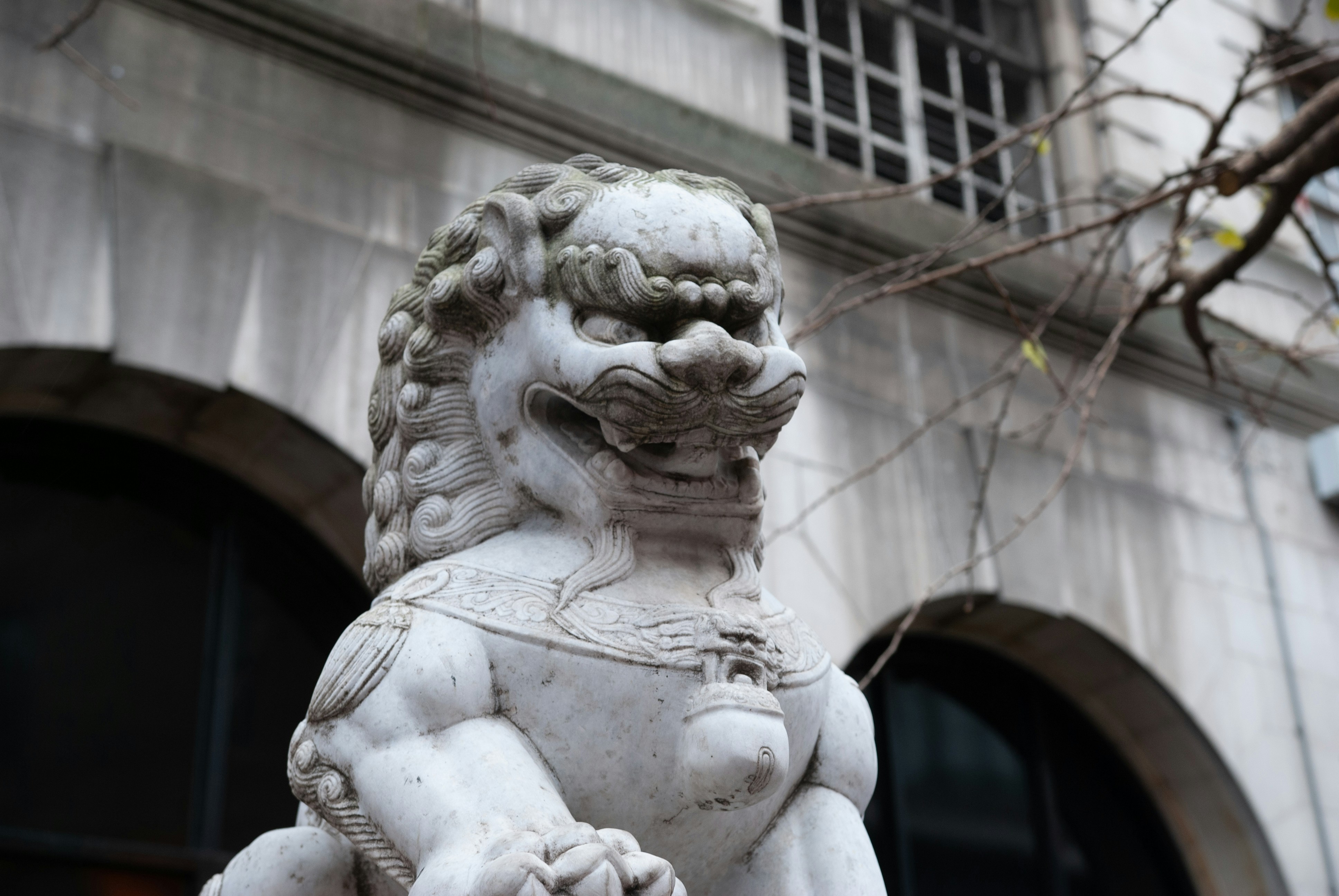 Intricately carved stone lion statue, symbolizing protection, stands against a backdrop of urban architecture.