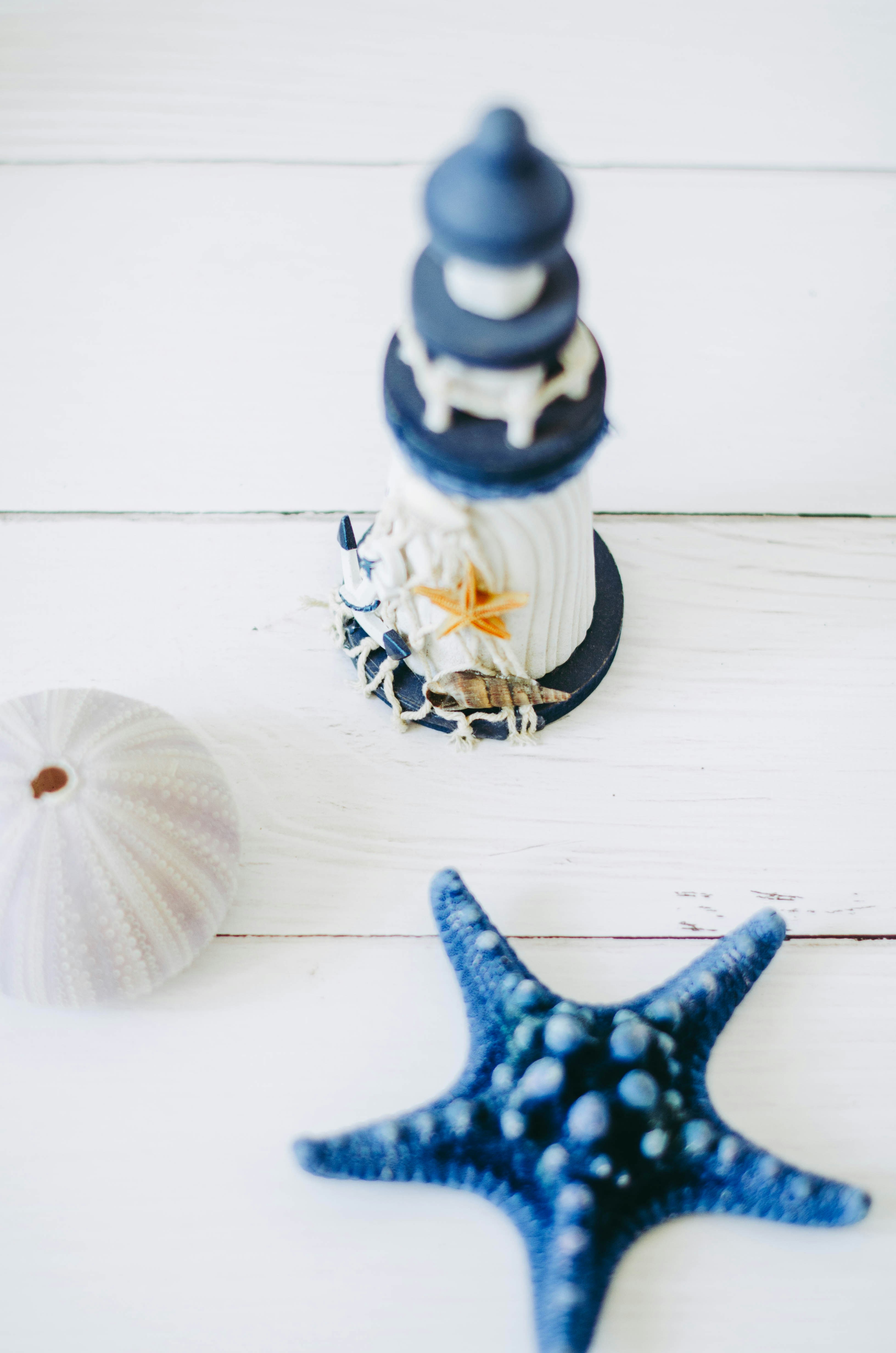 a starfish and a seashell on a white wooden surface