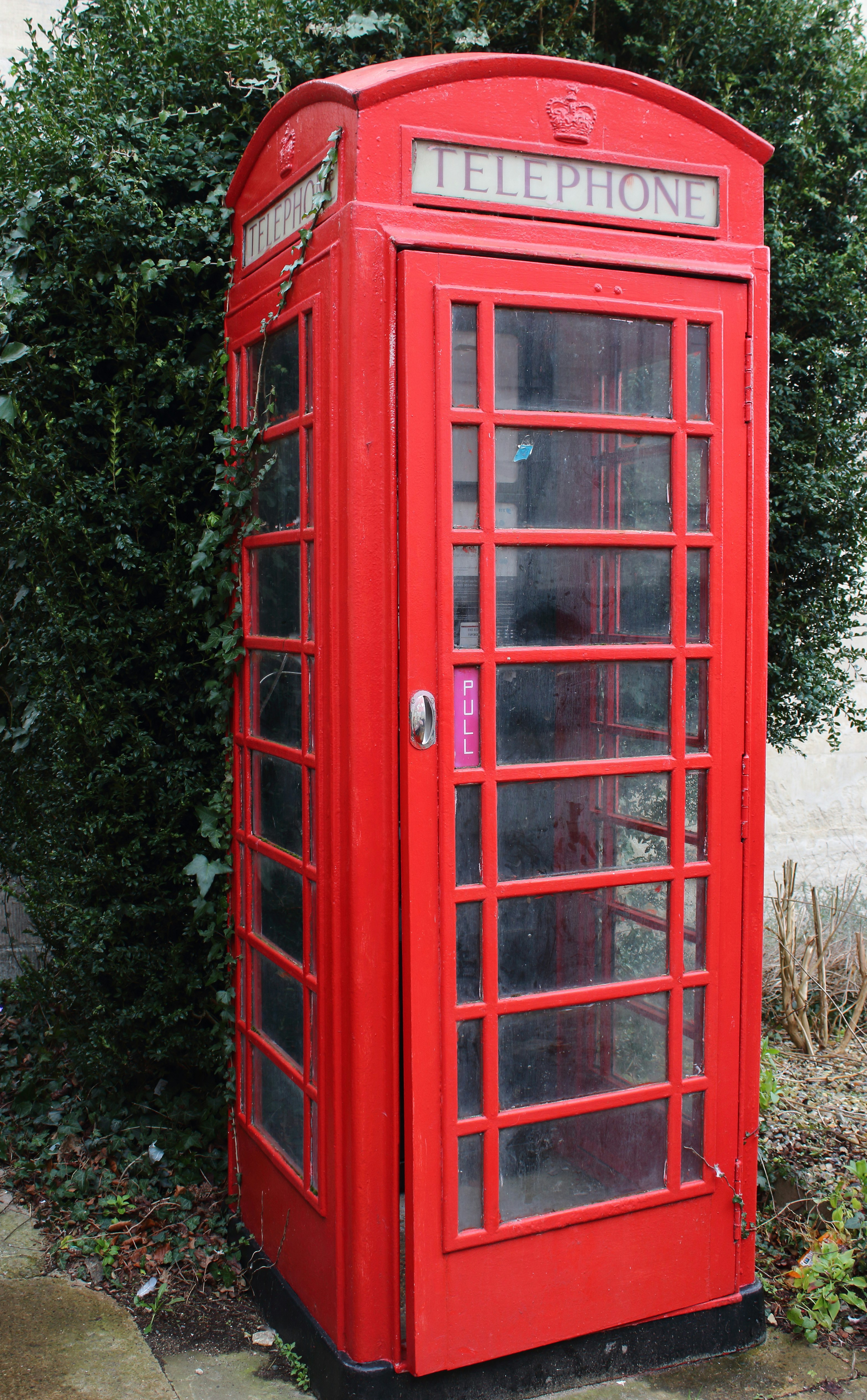 Crimson Kiosk Among Ivy: A Red British Telephone Booth in Dappled Daylight