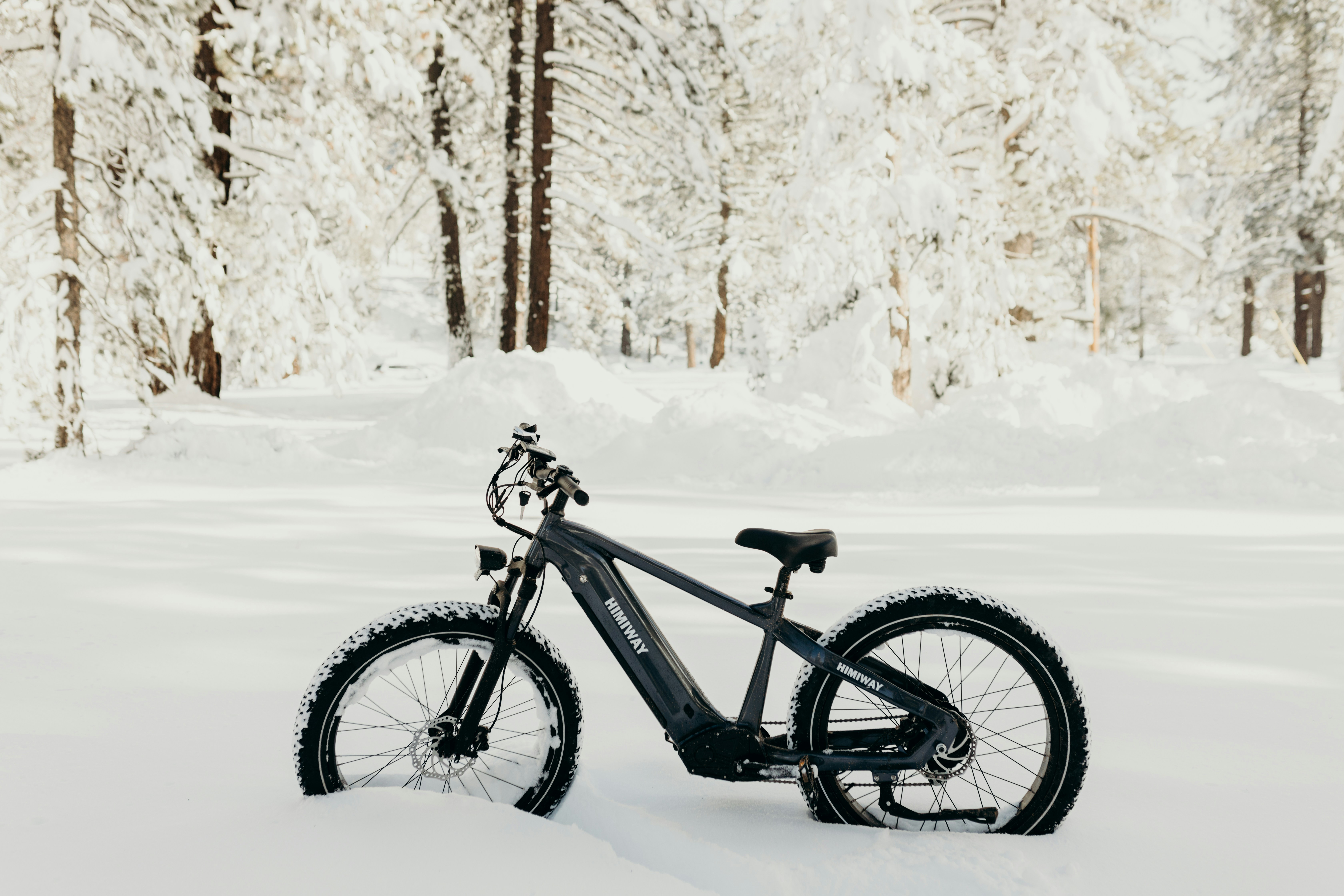 Un vélo garé dans la neige dans une forêt photo – Photo Vélo de ...