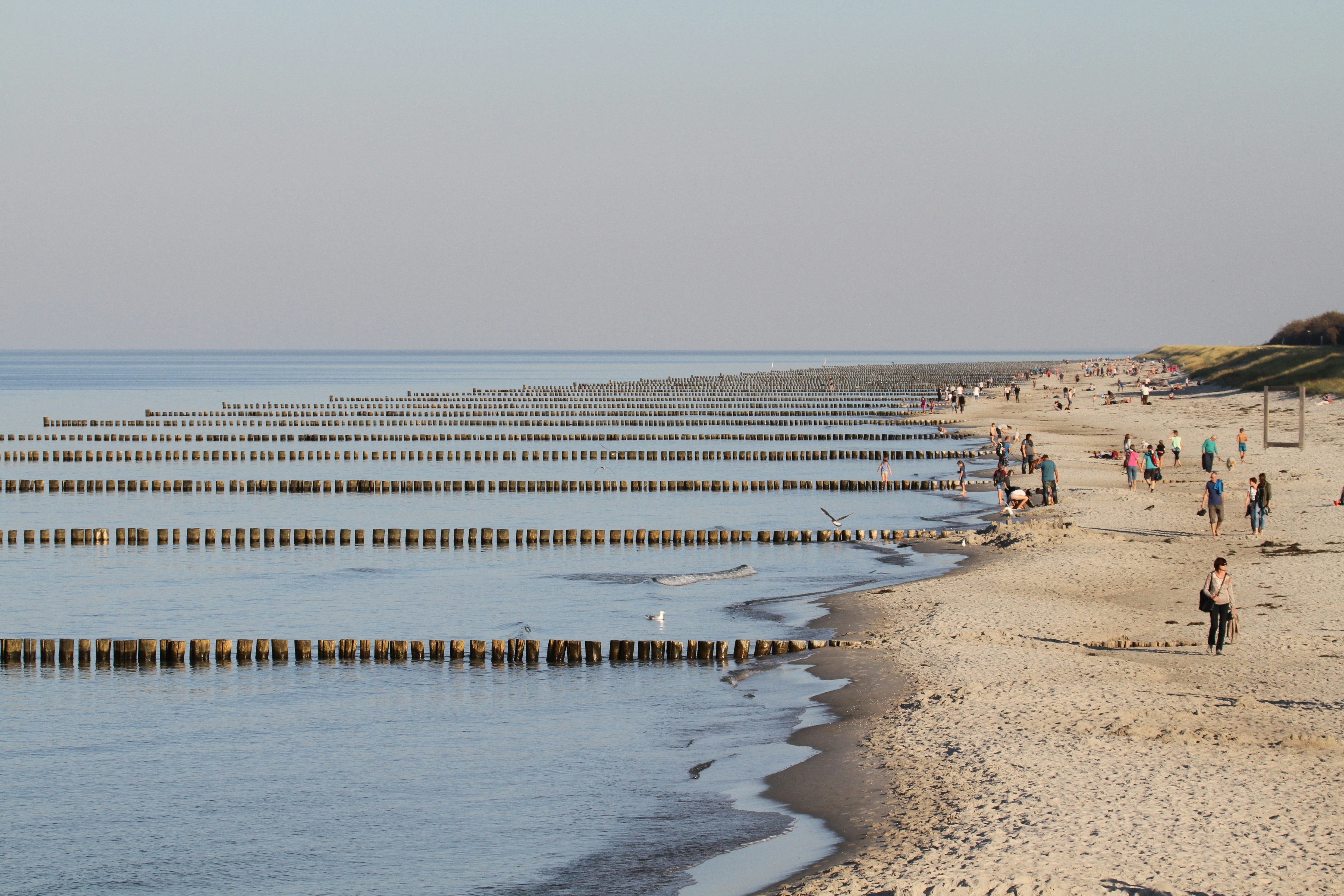 Vibrant beach scene with people walking along the shore, wooden groynes extending into the calm sea, and a clear sky above.