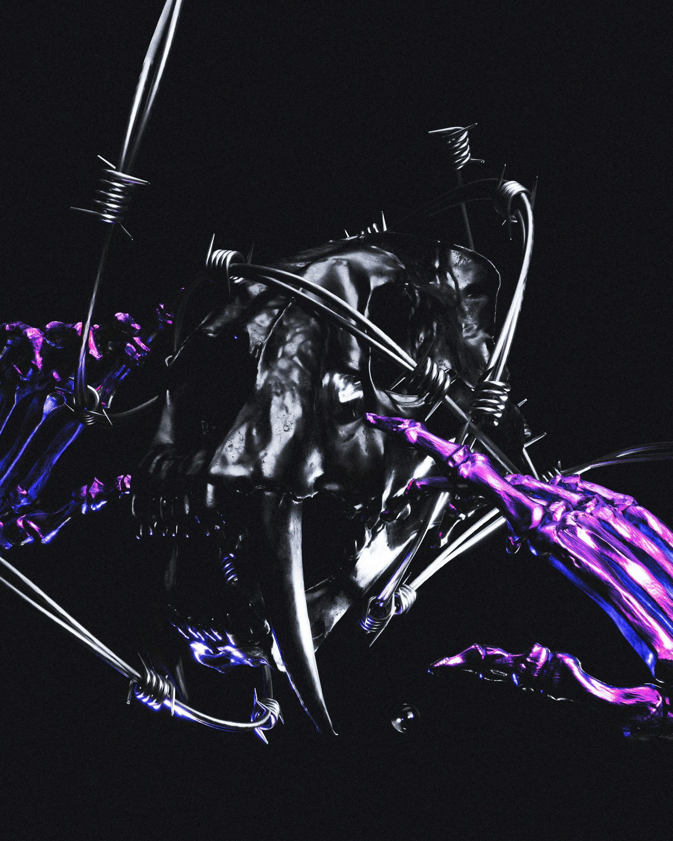 A black and purple photo of a skeleton holding a pair of scissors photo ...