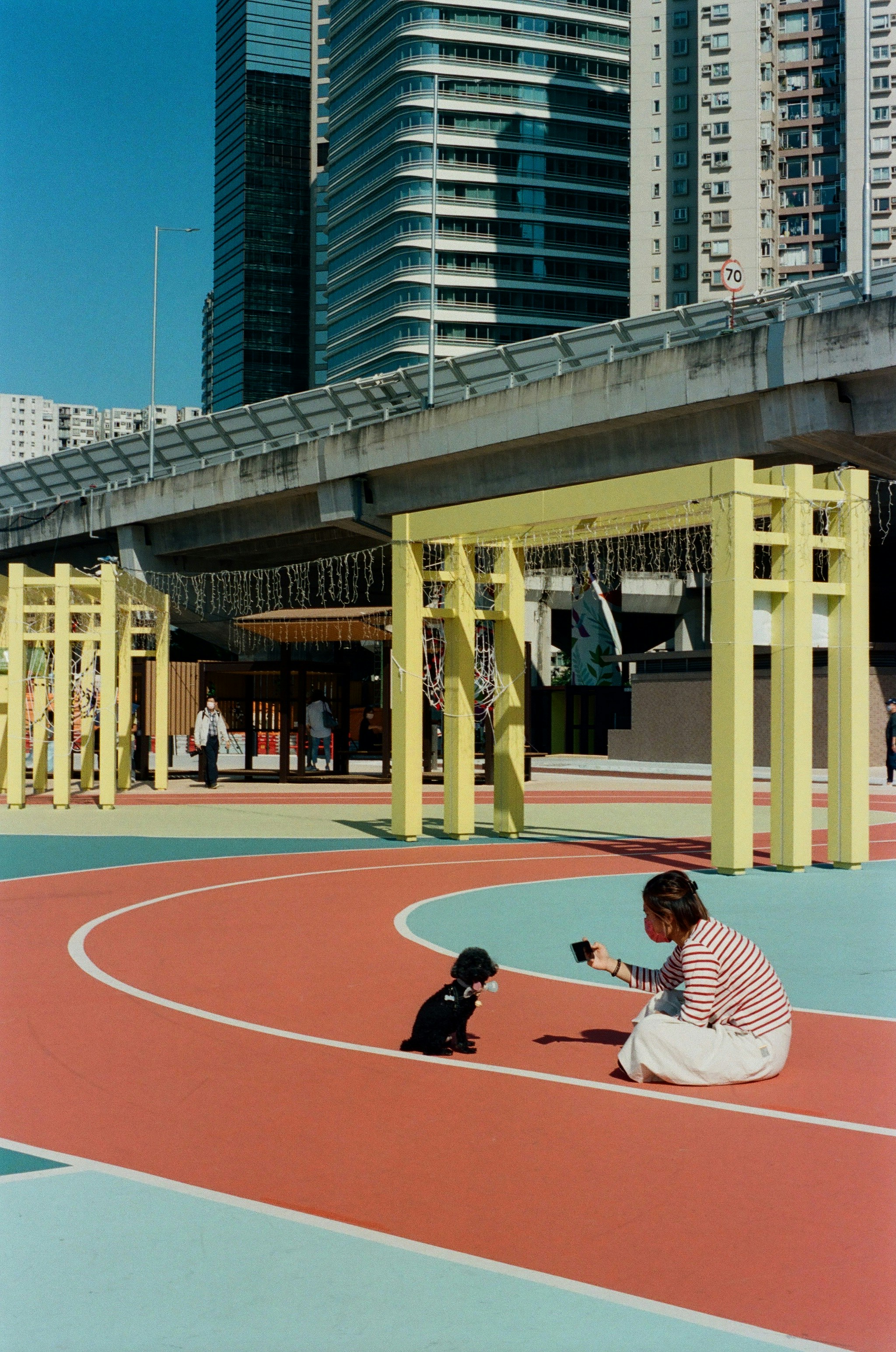 A woman in a striped shirt interacts with a small black dog on a colorful urban playground, with modern buildings in the background. 