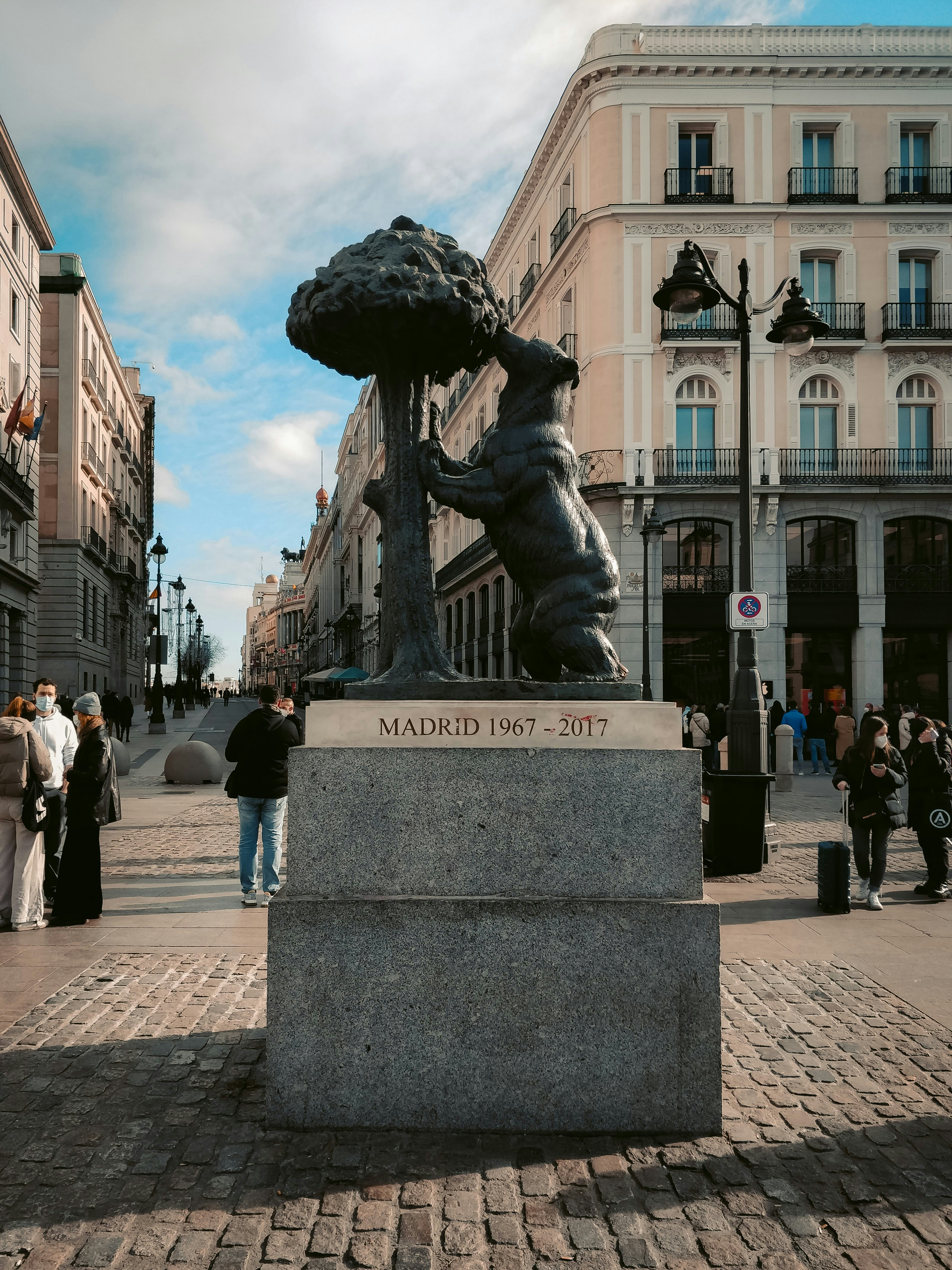 Sunlit Sentinel: Madrid's Monument Anchoring a Pedestrian Boulevard