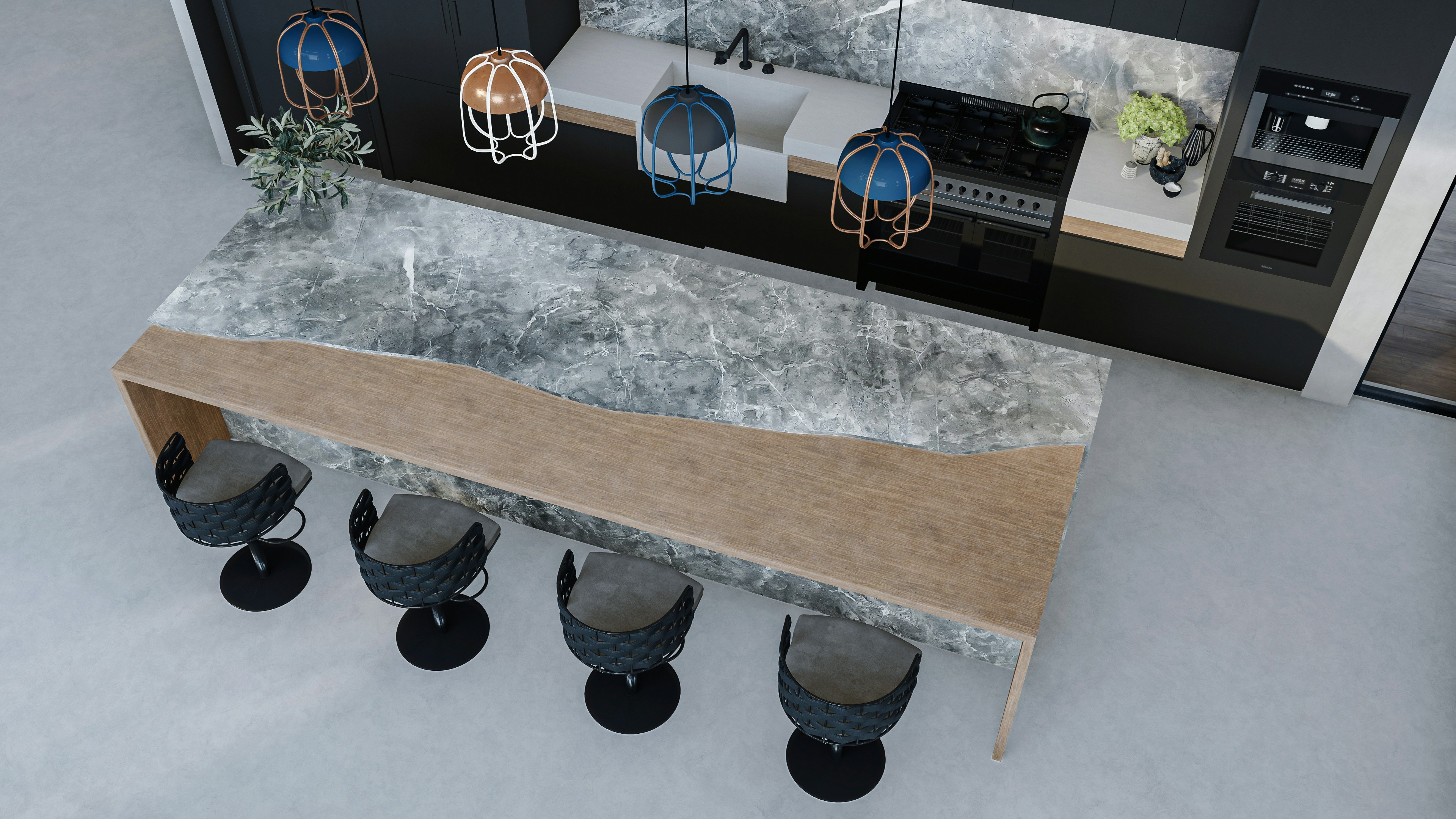 An aerial view of a kitchen with a marble counter top photo – Free ...