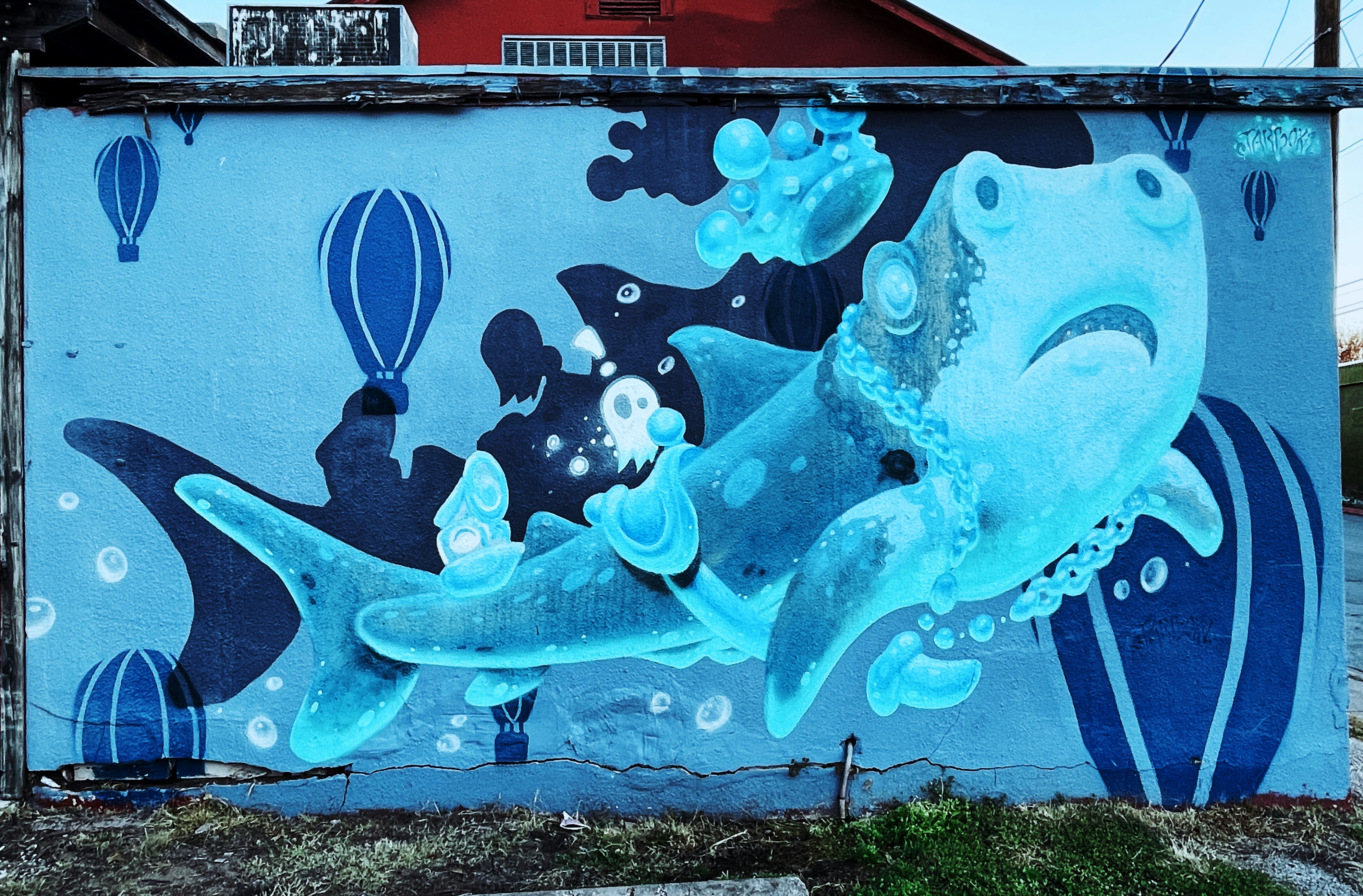 a mural of an octopus and a shark on a blue wall