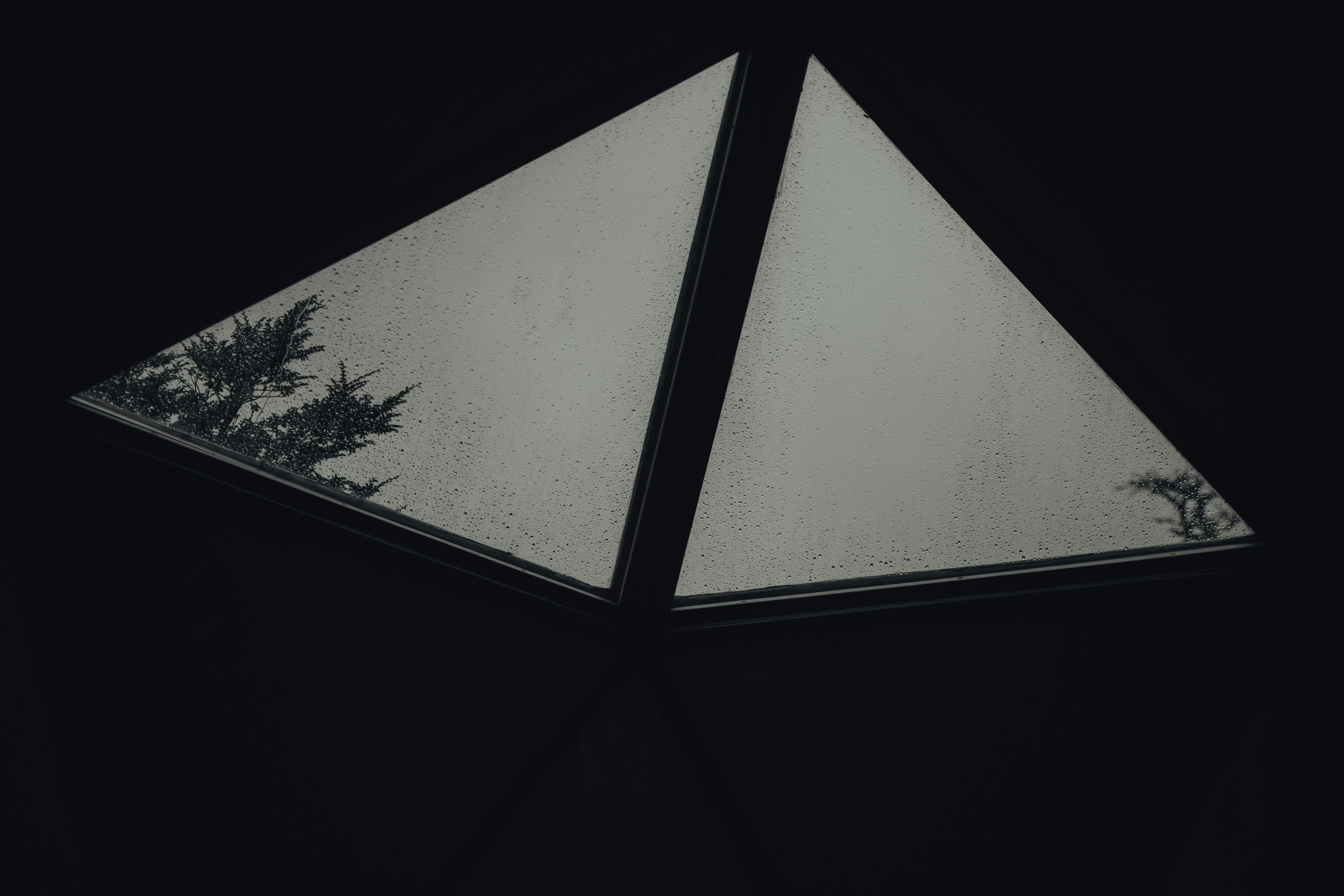 Triangular skylights reveal rain-speckled glass and the silhouette of trees outside, creating a moody atmosphere.