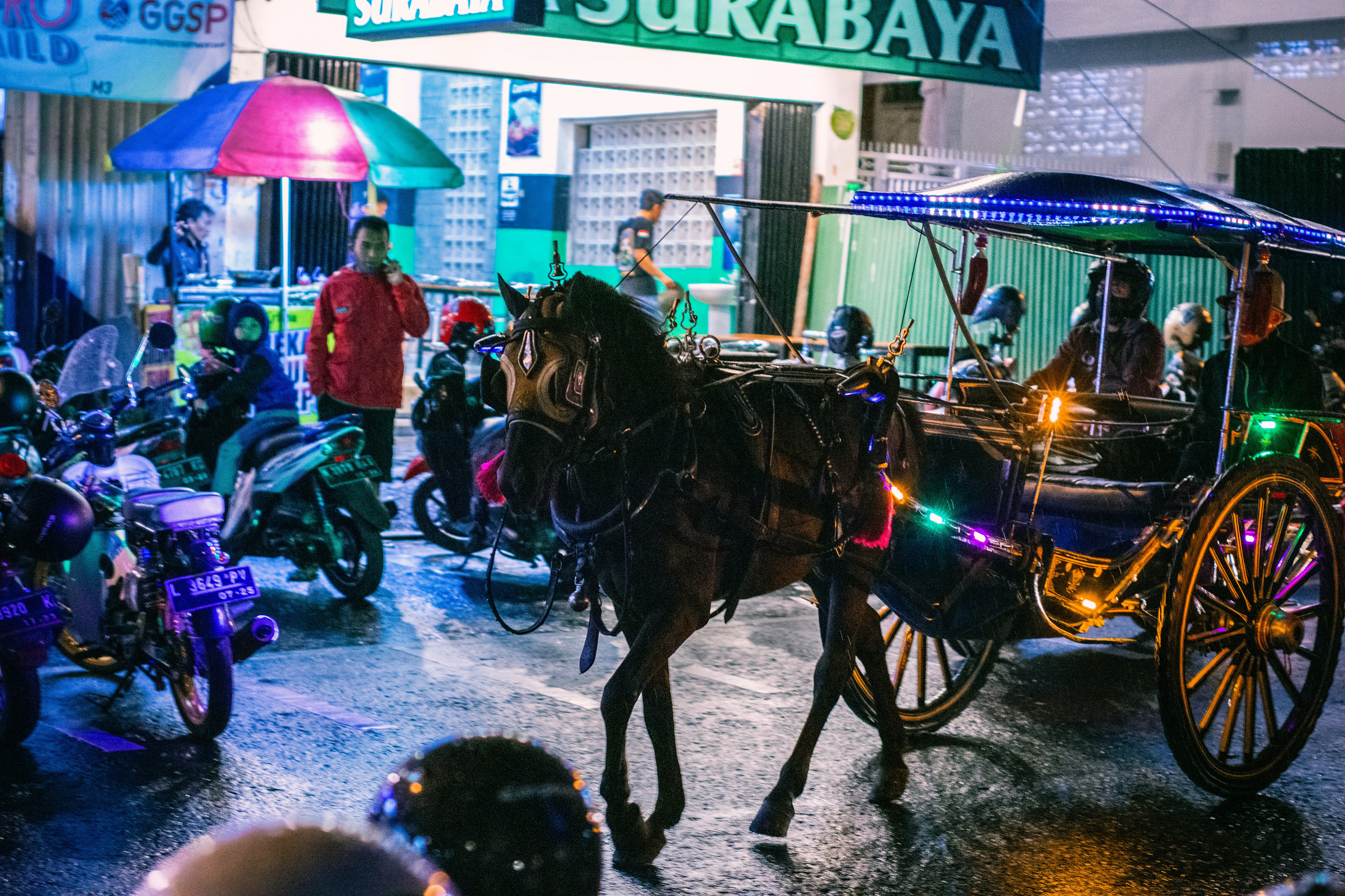 Night Parade: Horse-Drawn Carriage Illuminated by Neon in Rainy Street