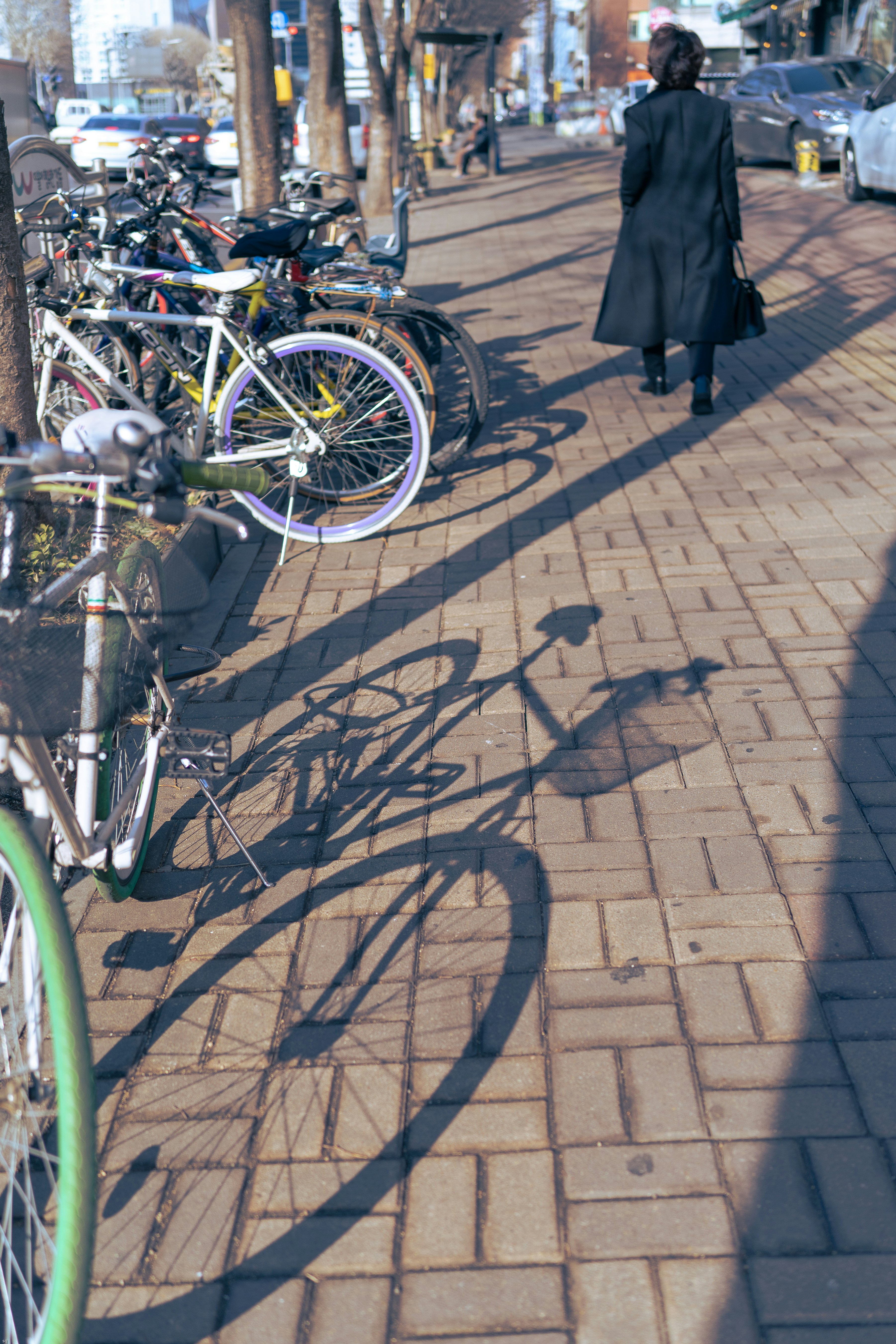 Sunlit stride among parked bikes on a brick-city sidewalk