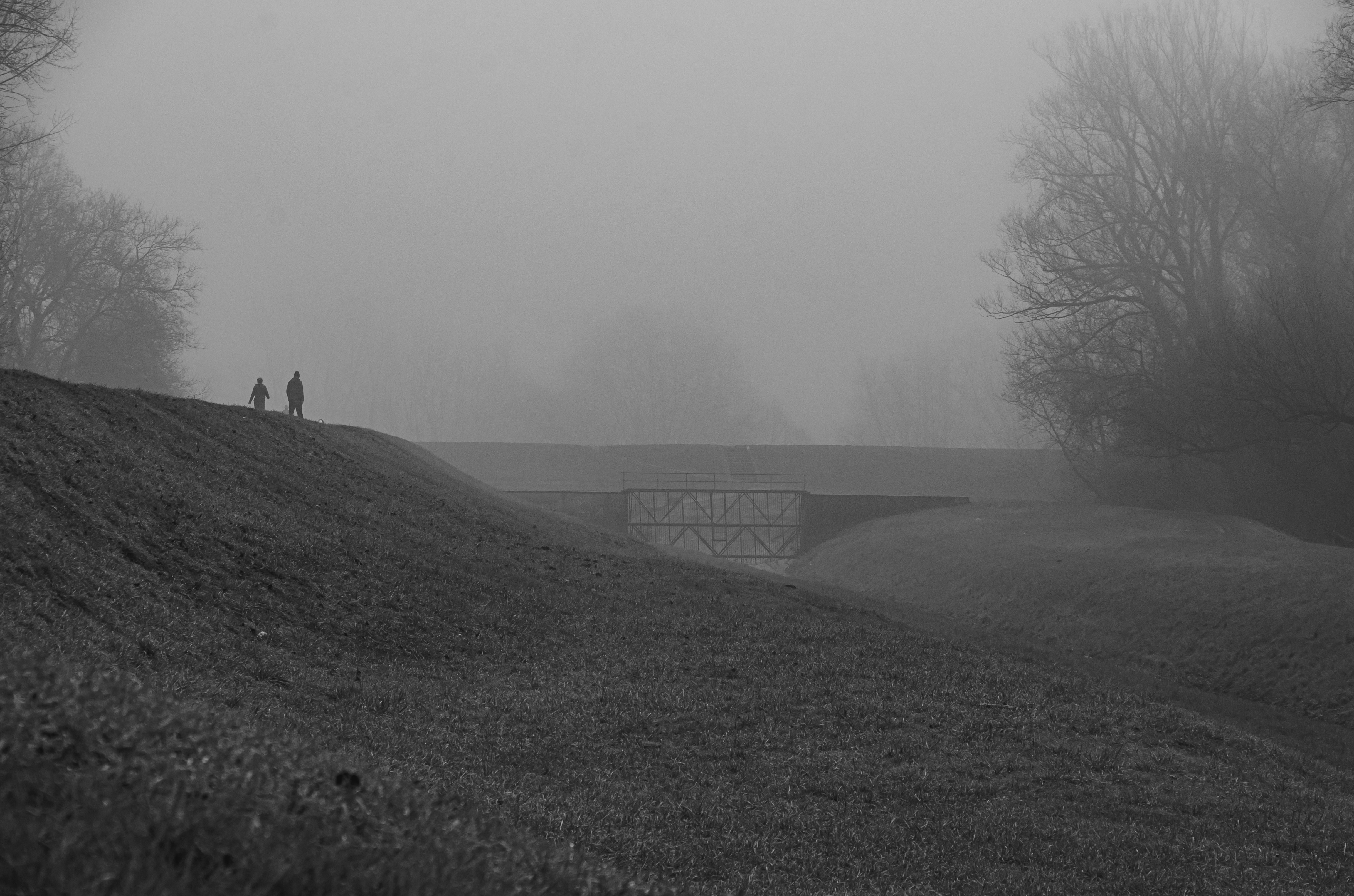 two people walking across a bridge in the fog