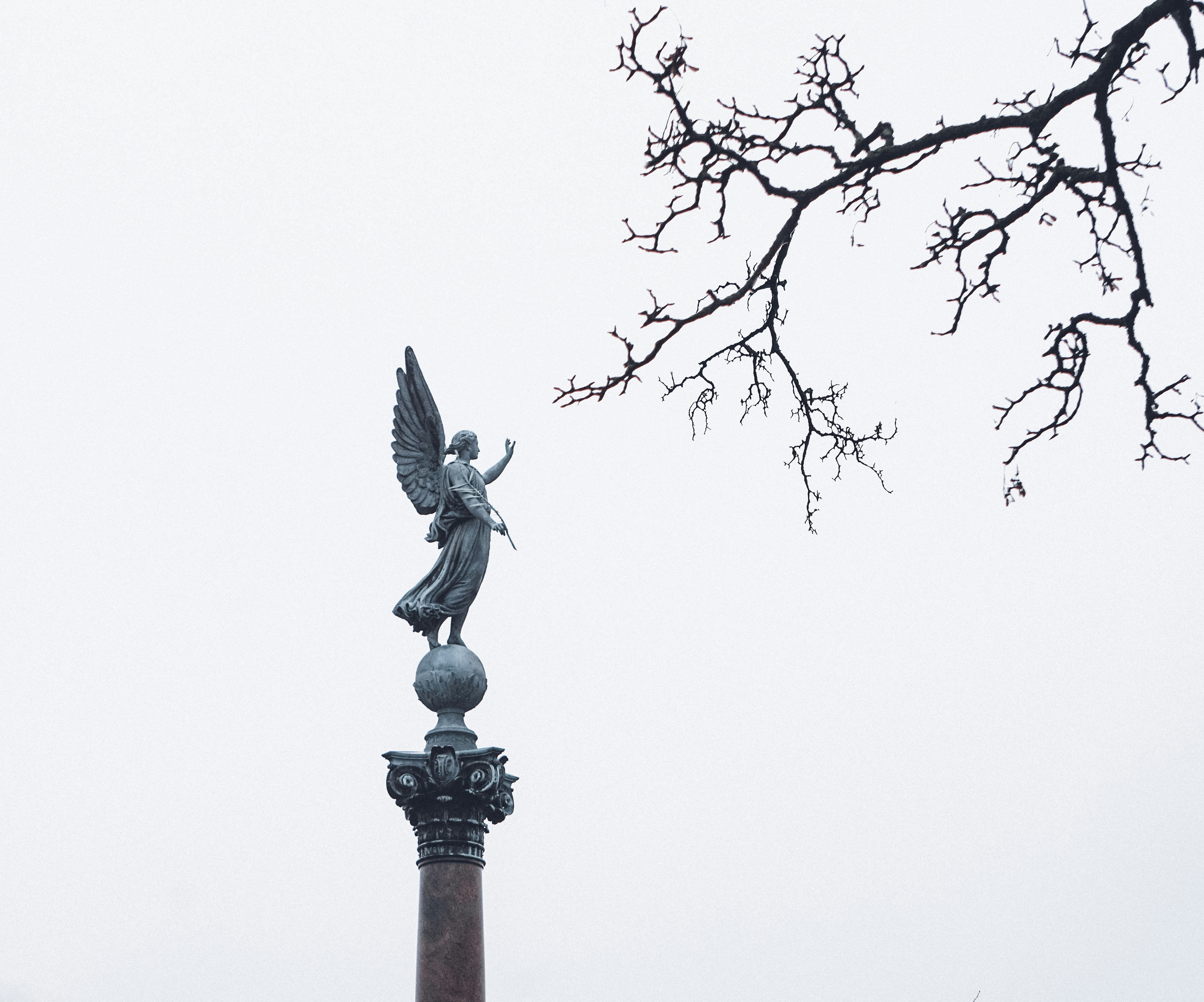 A graceful angel statue atop a column stands amidst a foggy backdrop, with bare branches framing the scene. The atmosphere evokes a sense of tranquility and mystery.