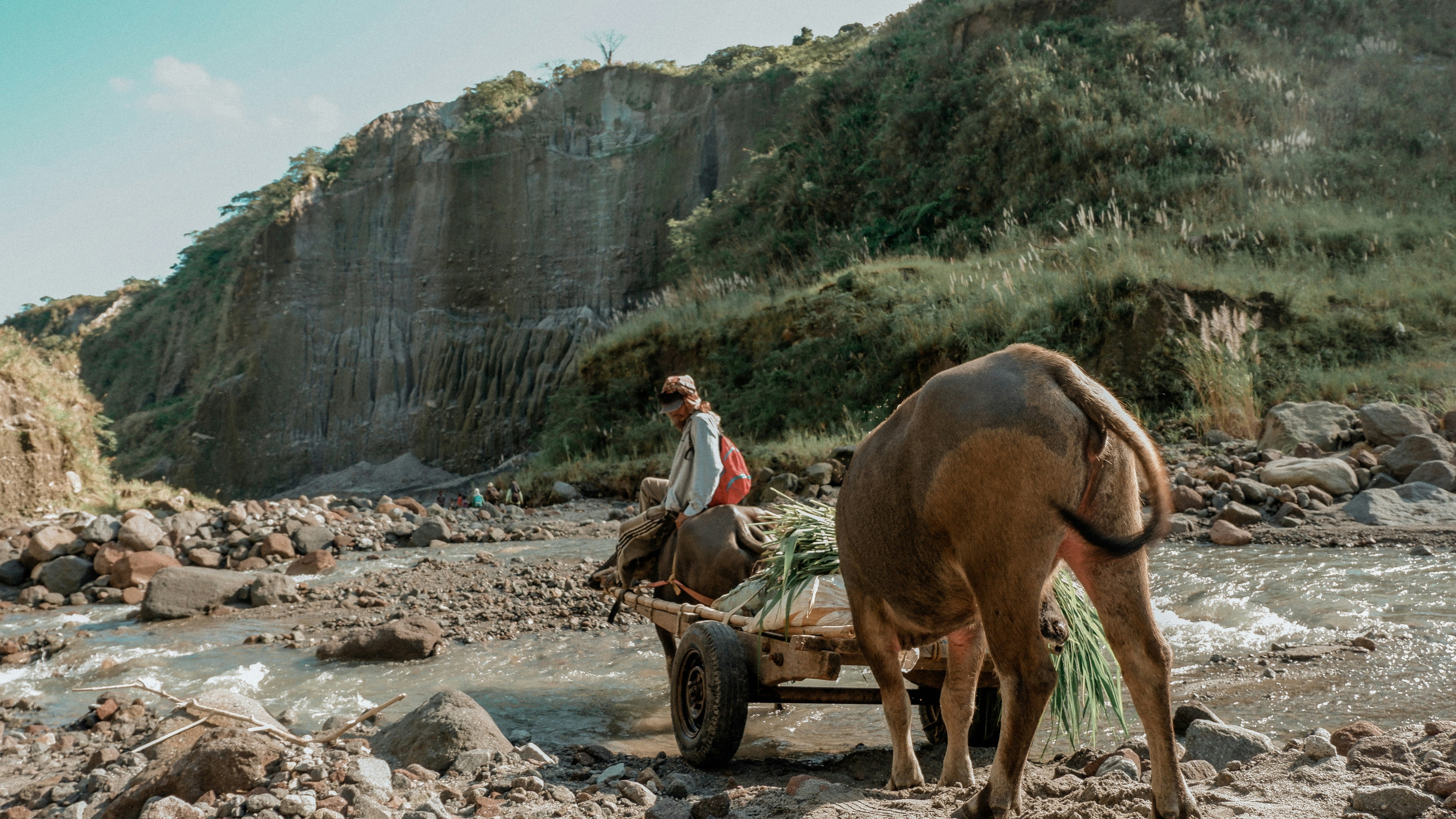 River Crossing: Merchant, Wagon, and Camel in a Rocky Stream