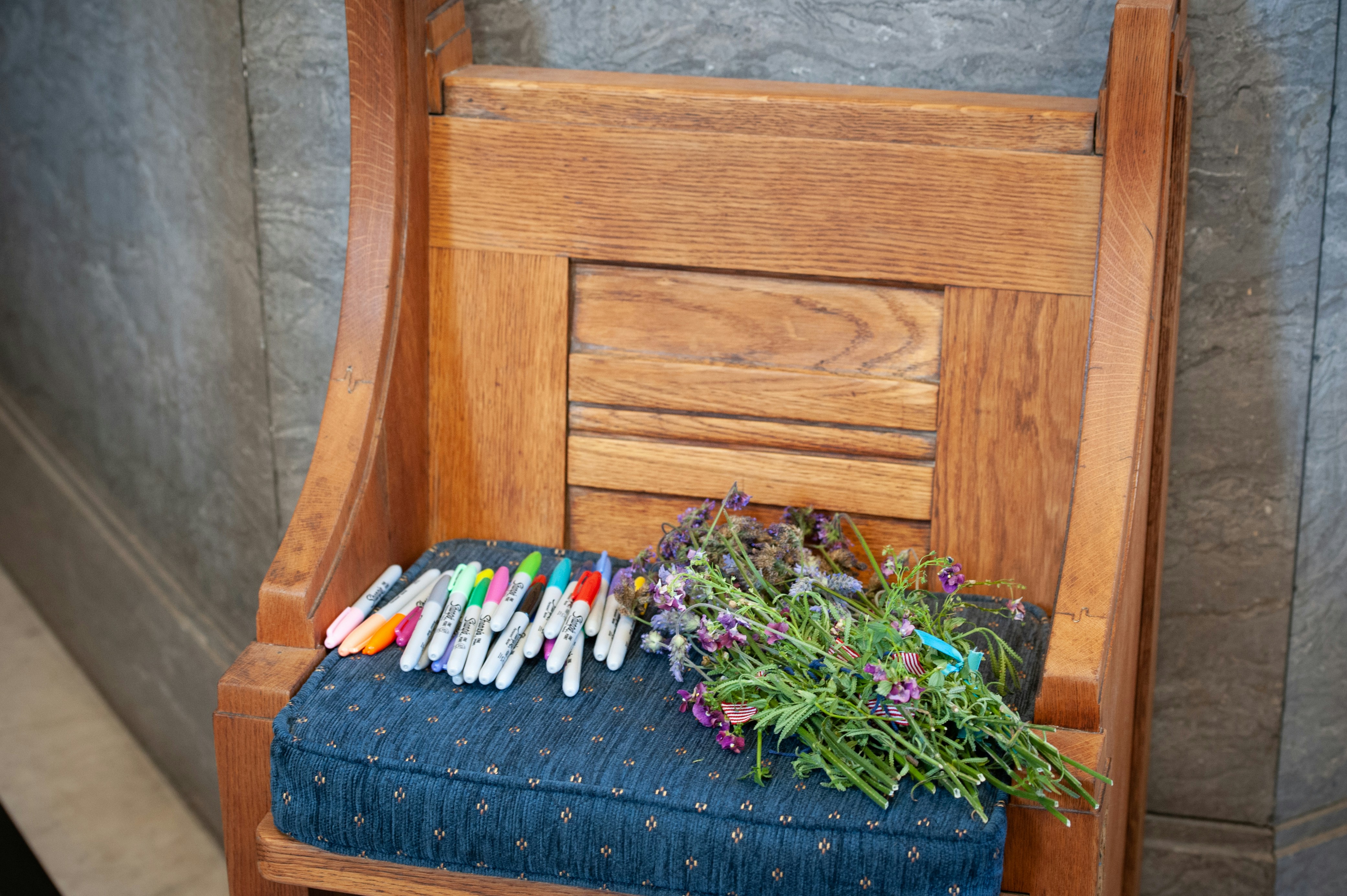 Chalk and Lavender on a Carved Wooden Seat