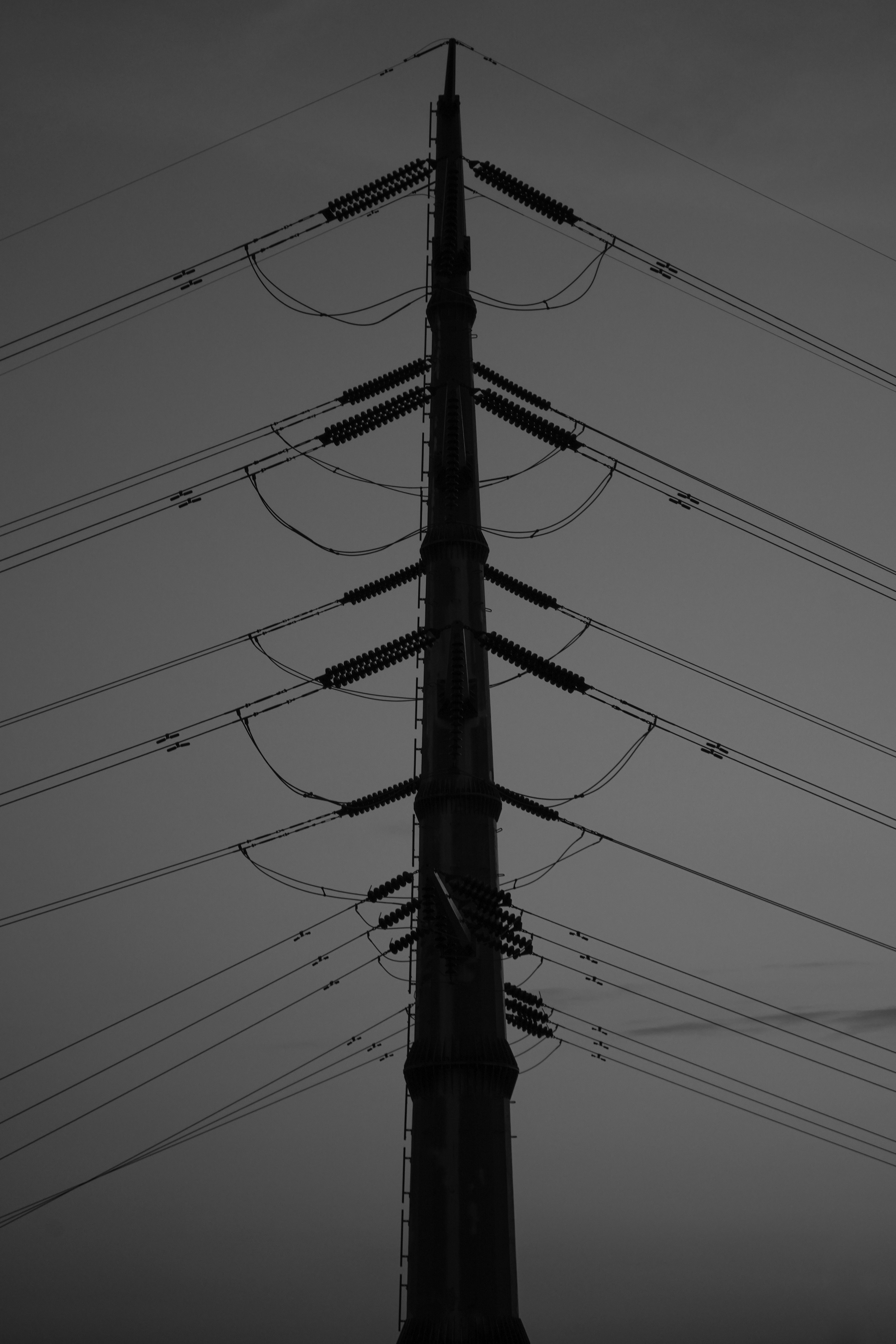 A towering power line structure silhouetted against a muted sky, showcasing the intricate web of electrical lines. The image emphasizes the stark beauty of industrial architecture.