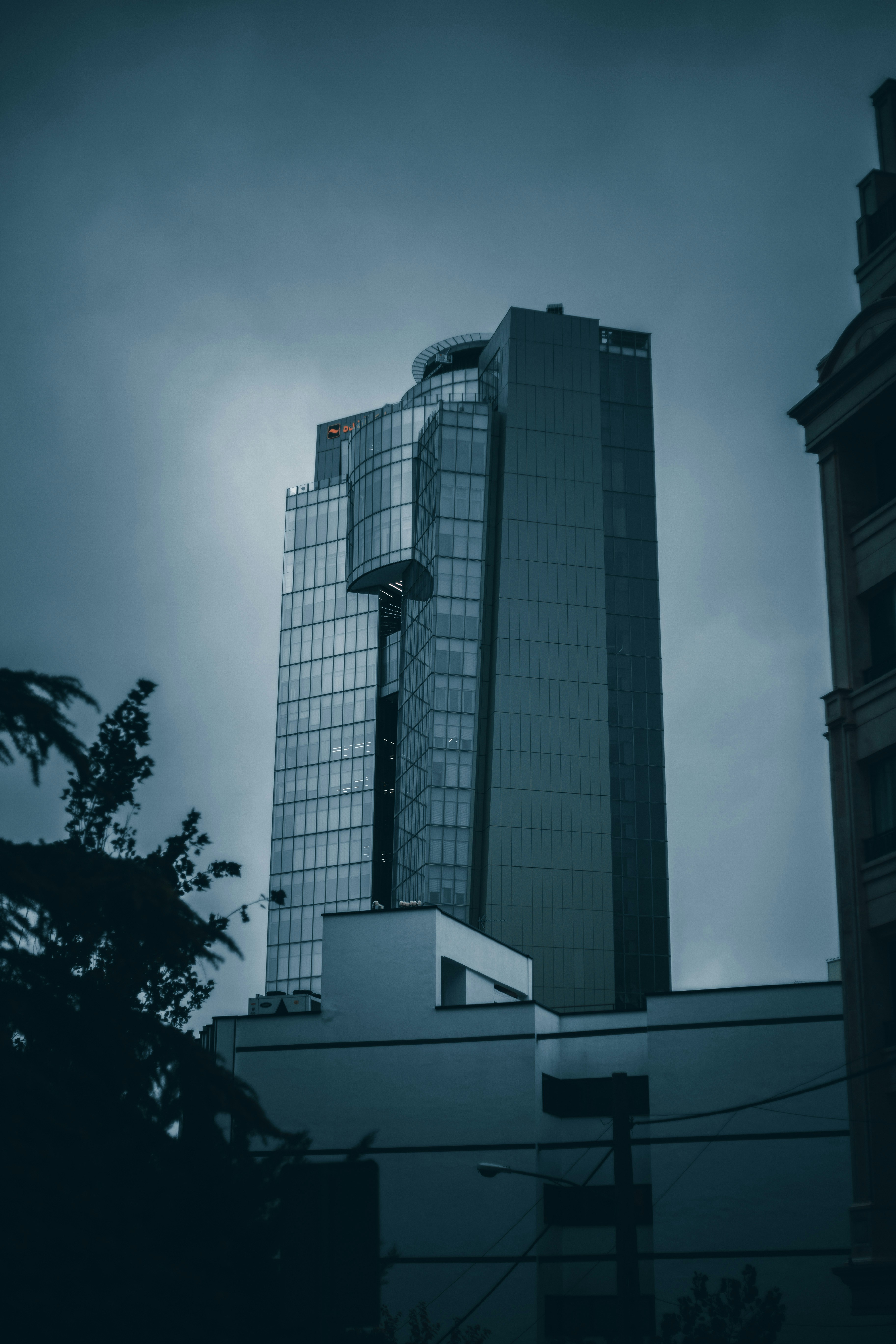 Modern skyscraper with reflective glass and unique architectural features rises against a moody sky. Urban environment contrasts with natural elements in the foreground.