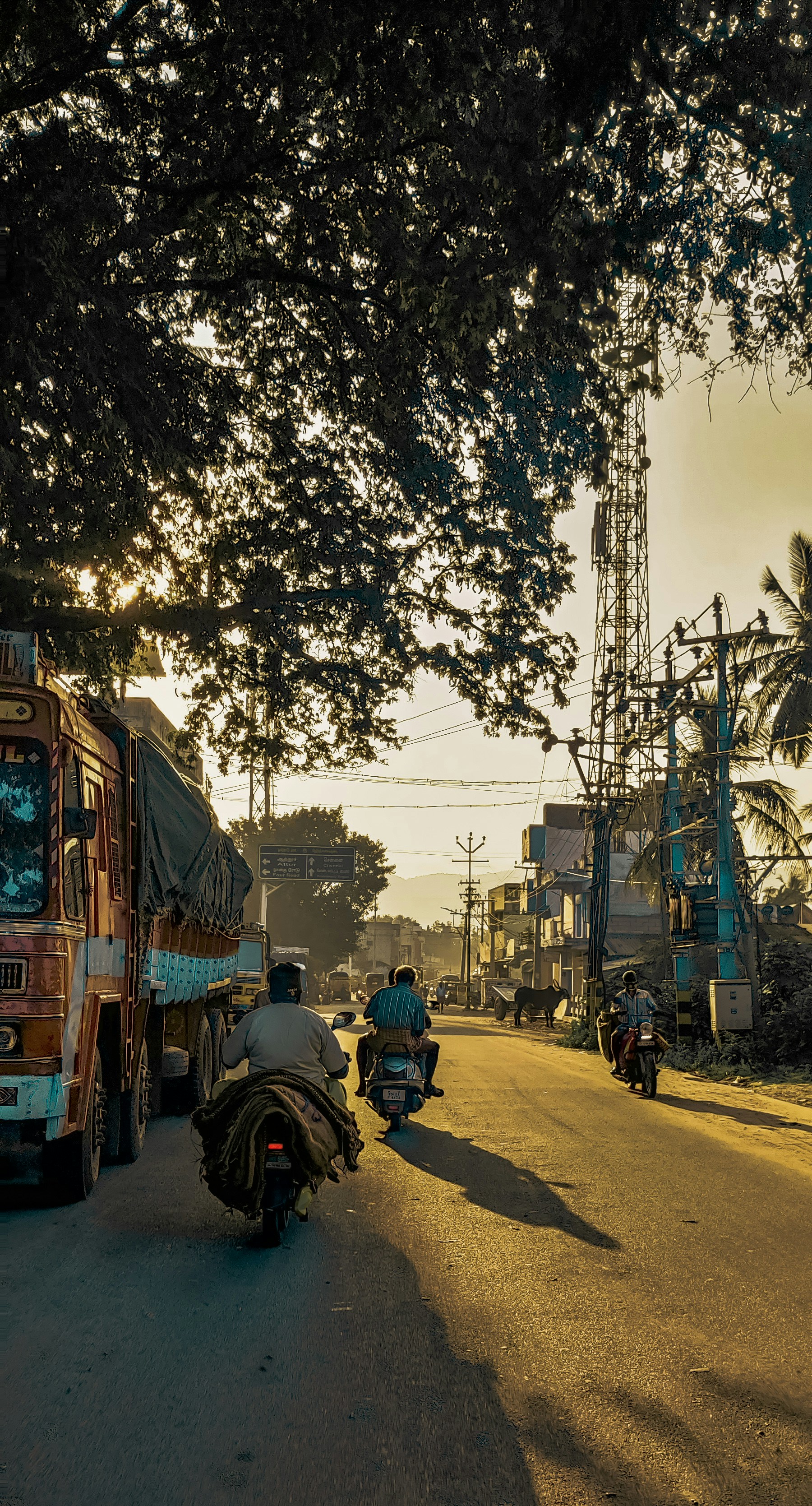 Sunlit Indian street with two motorbikes and a cargo truck along a tree-lined road. Overhead wires and warm backlight give the scene a cinematic urban mood.