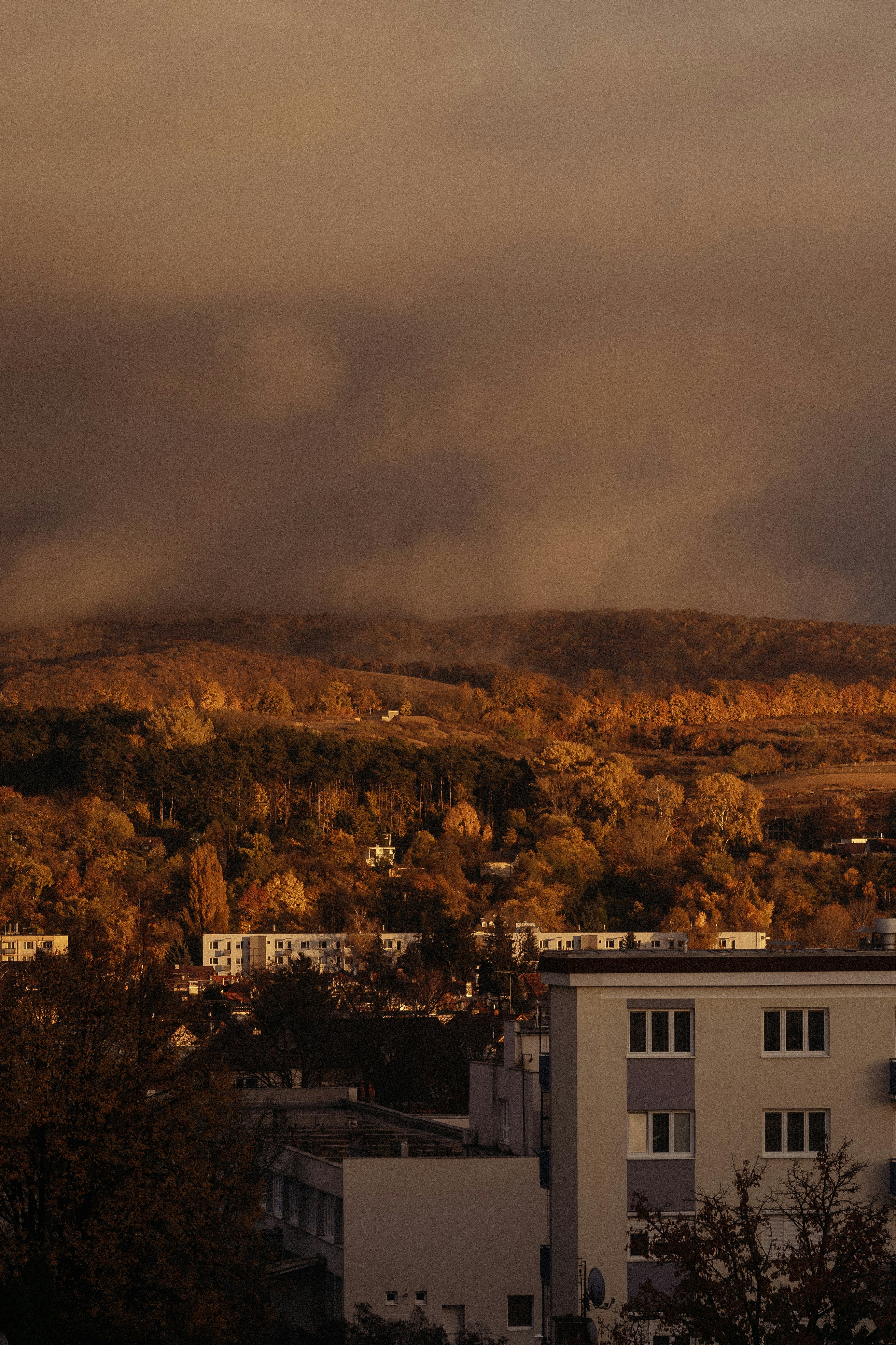 Autumn in the Vale: Riverside Homes under a Smoky Sky