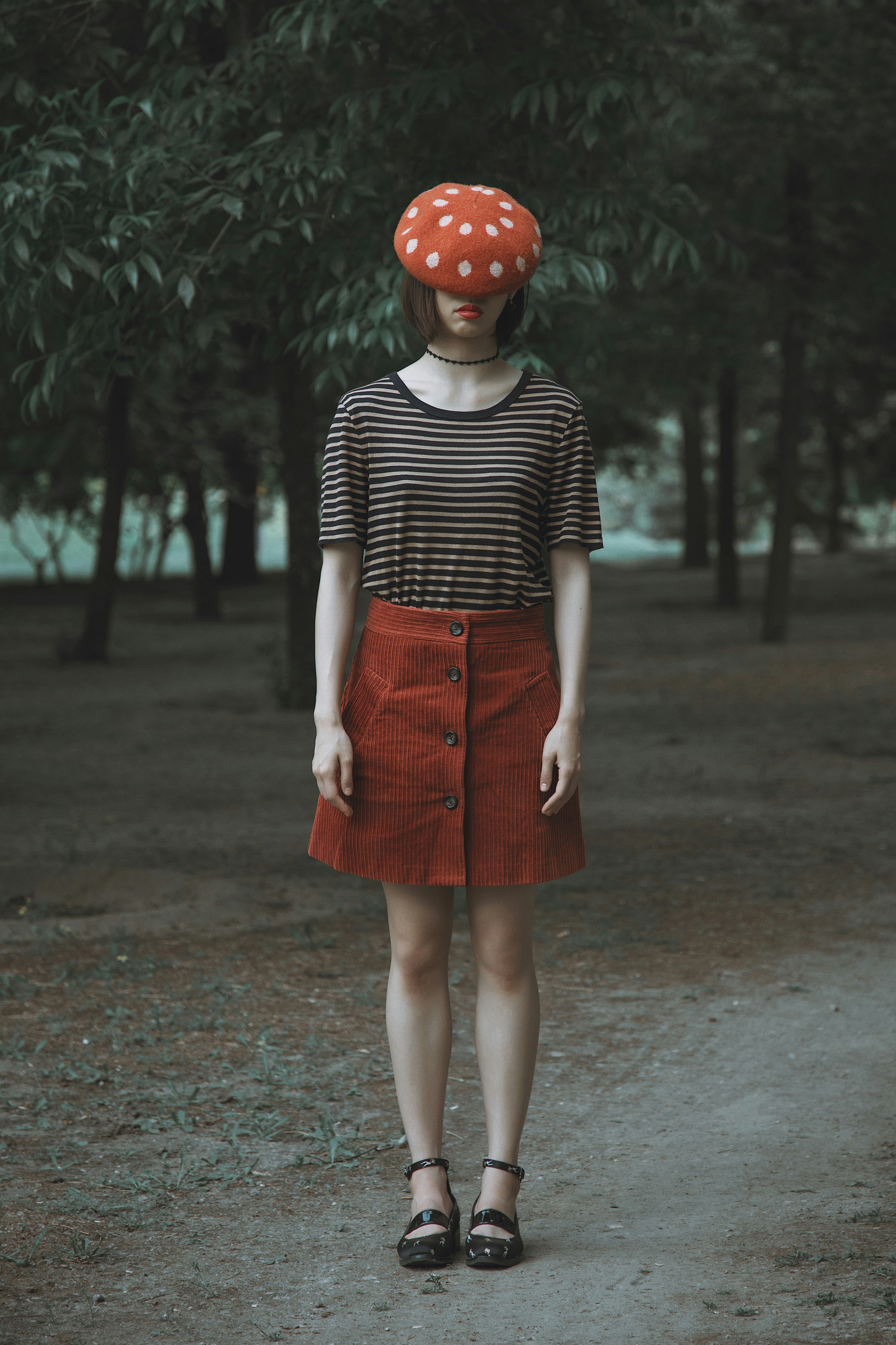 Mushroom Hat in the Pines: A Striped Portrait on a Quiet Path