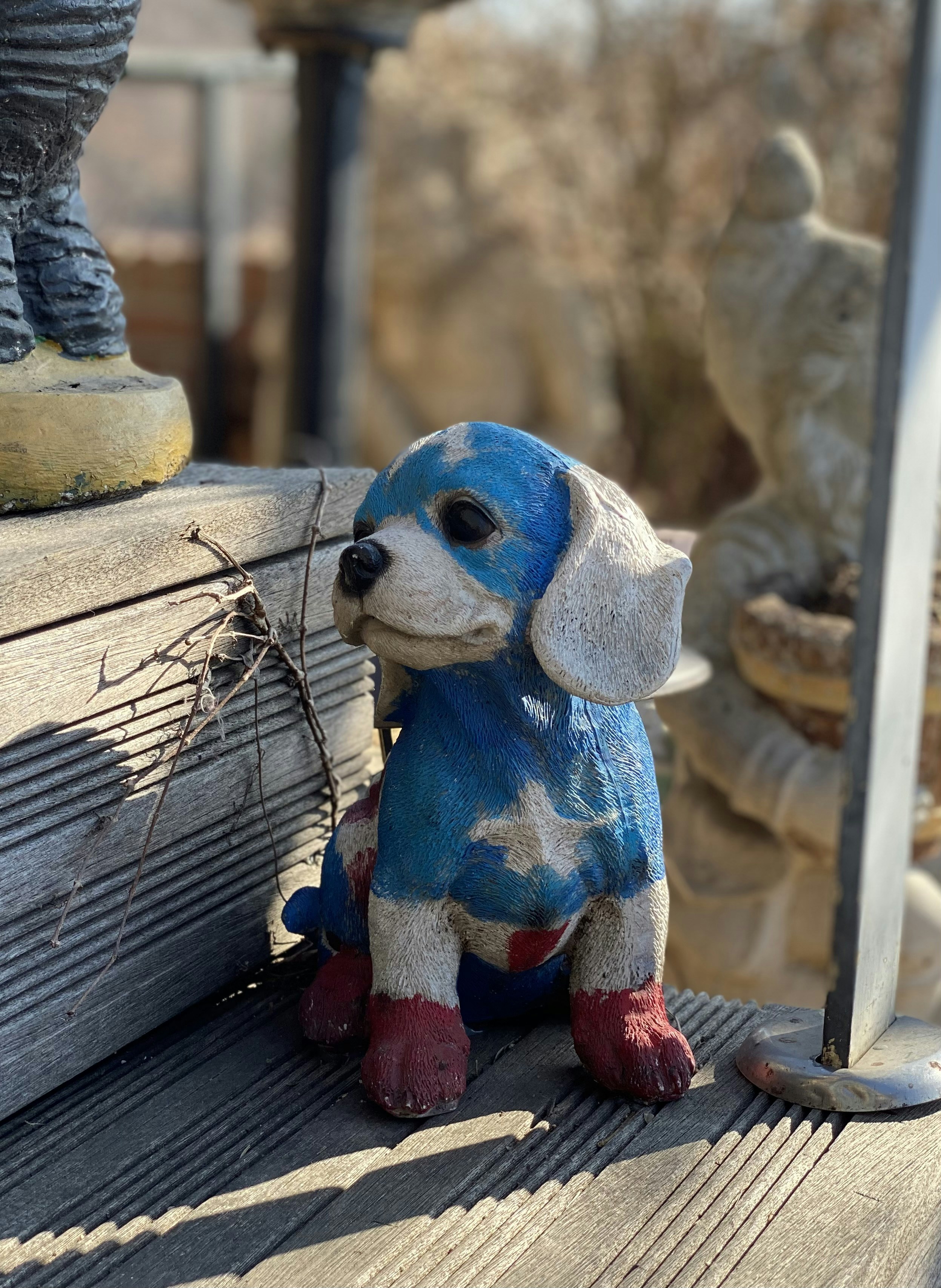 Blue-tinted puppy statue on sunlit wooden deck with a curious gaze