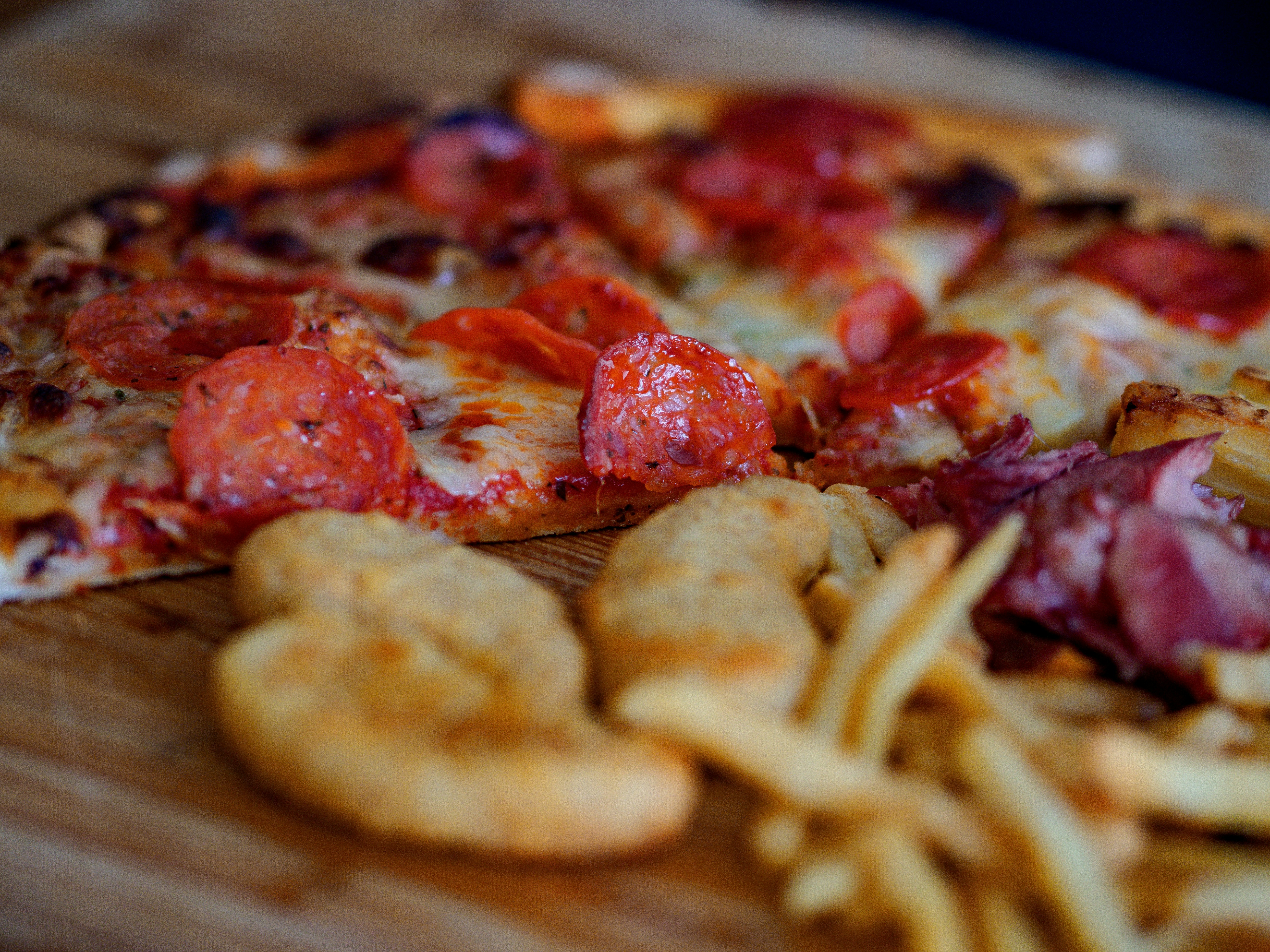 comfort food, ham, close up, product shot, food, snack, gammon, chips, fries, french fries, pizza, chicken nuggets, chicken, spanish omelette, pepperoni, cheese, melted cheese, 