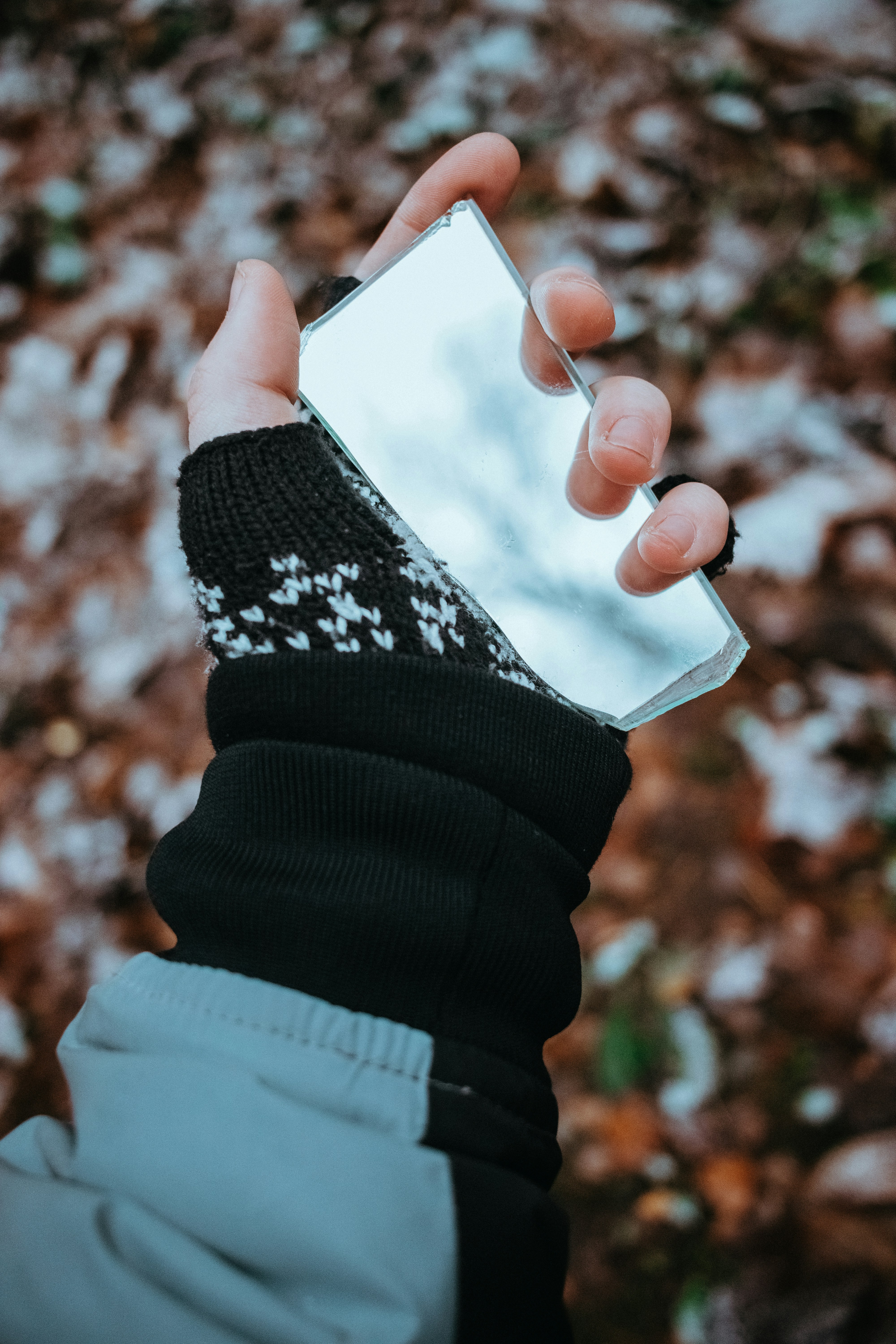 Reflection in a Winter Glove: A Mirror Framed by Fall Leaves