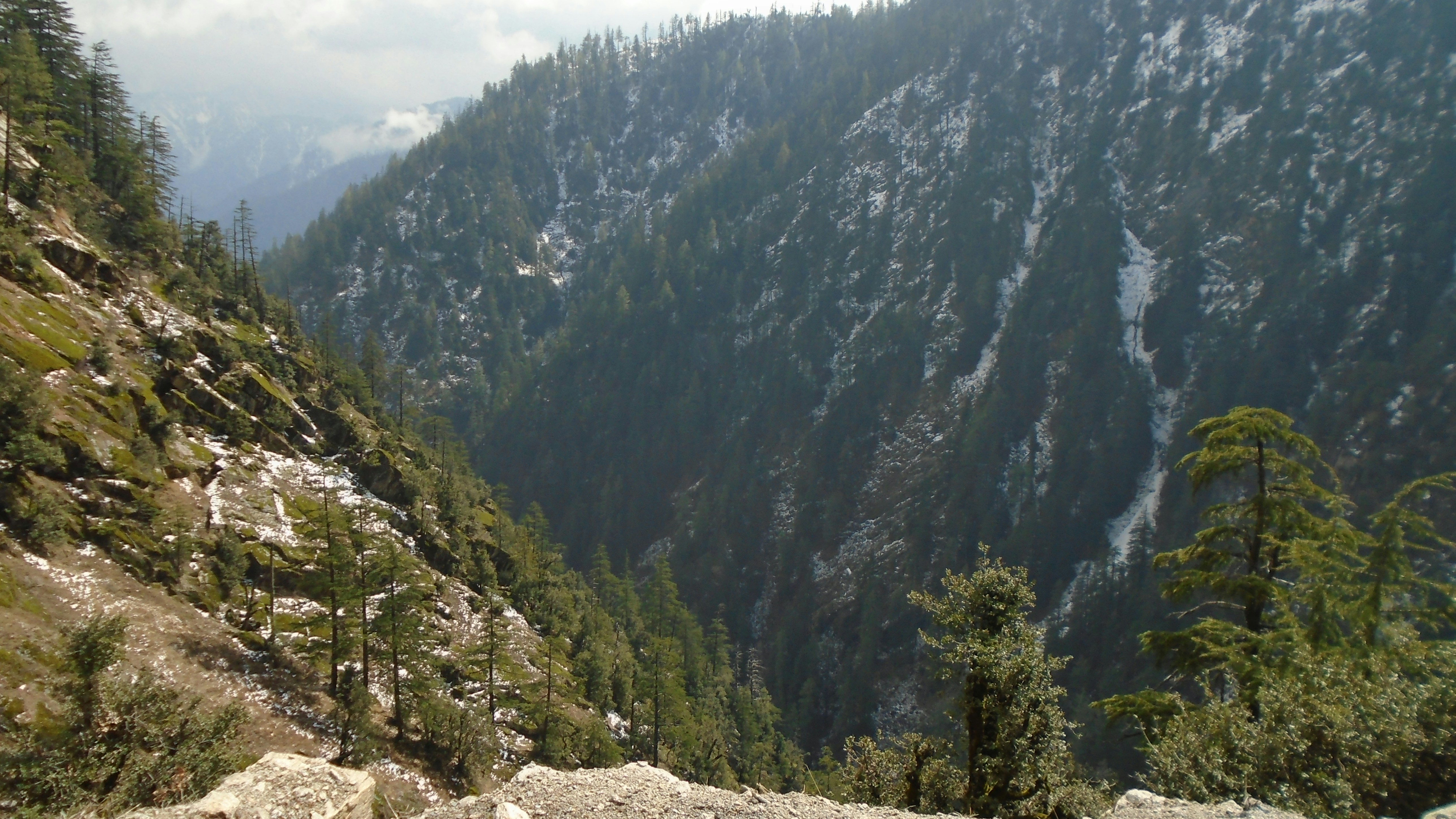 Lush green valleys descend into a rugged canyon, showcasing the interplay of light and shadow on rocky terrain. Snow-capped peaks emerge in the distance.