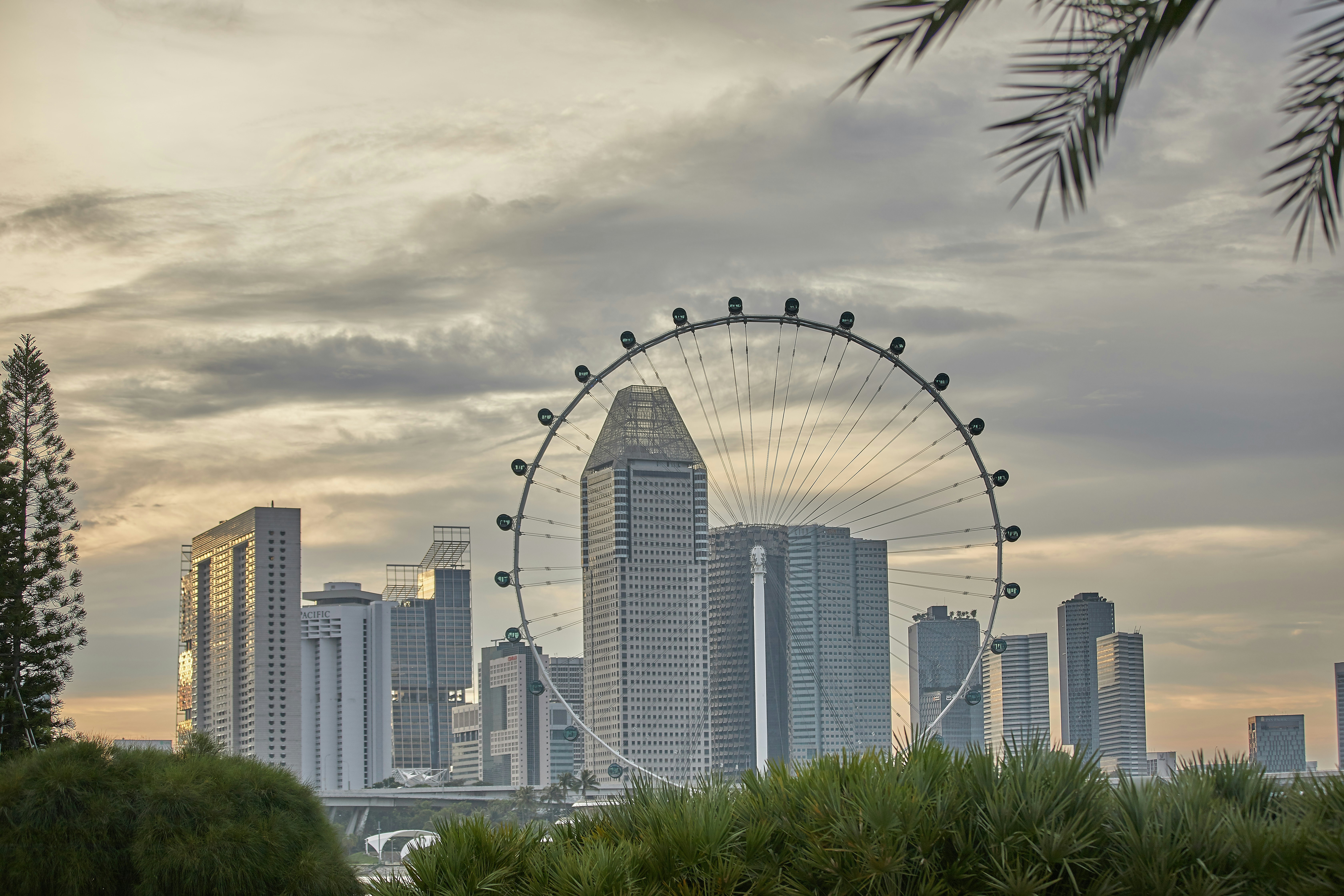 A panoramic view of Singapore's skyline framed by lush greenery, featuring the iconic Ferris wheel against a backdrop of dramatic clouds.