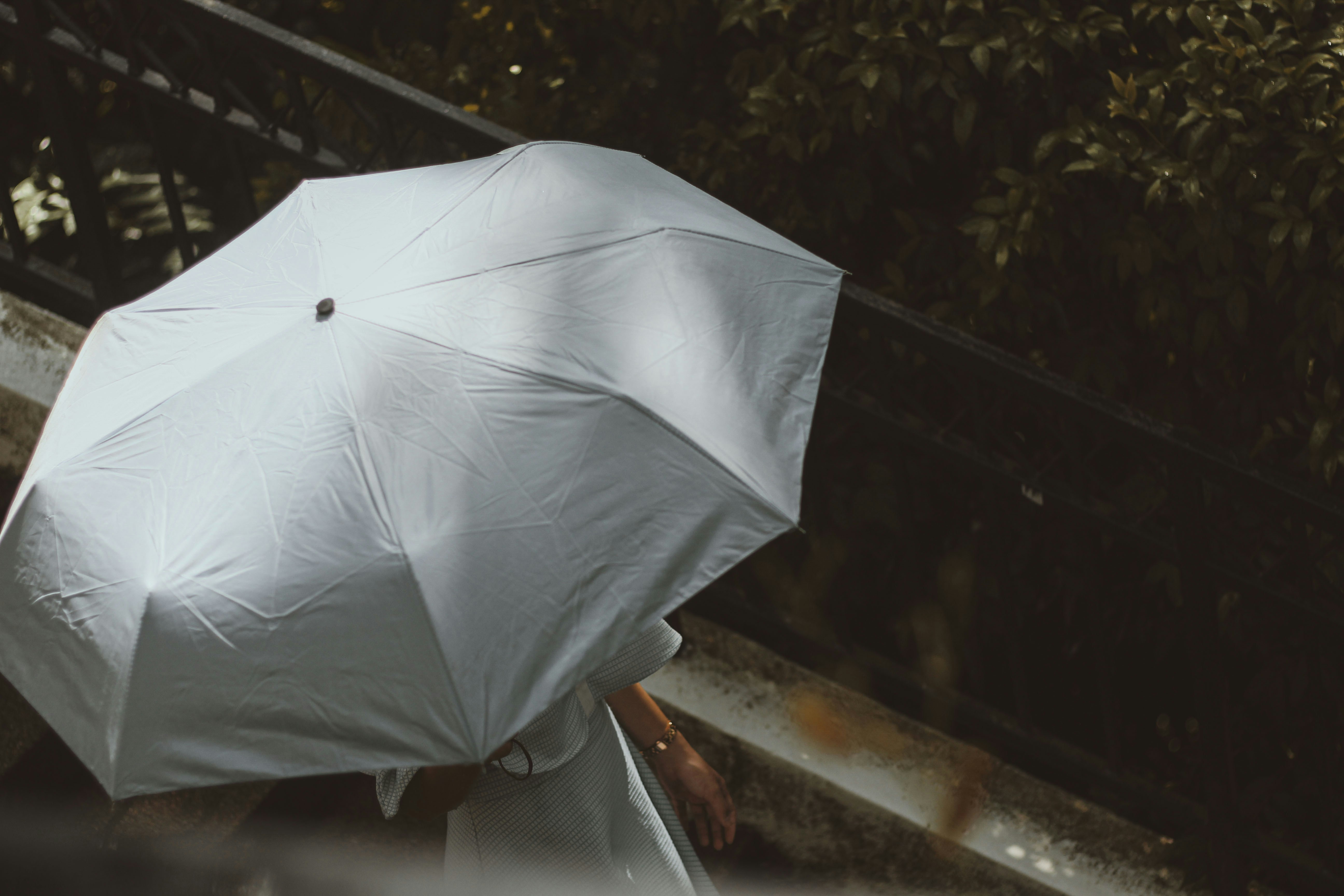 White Umbrella Halos Over a Rain-Slick Rail