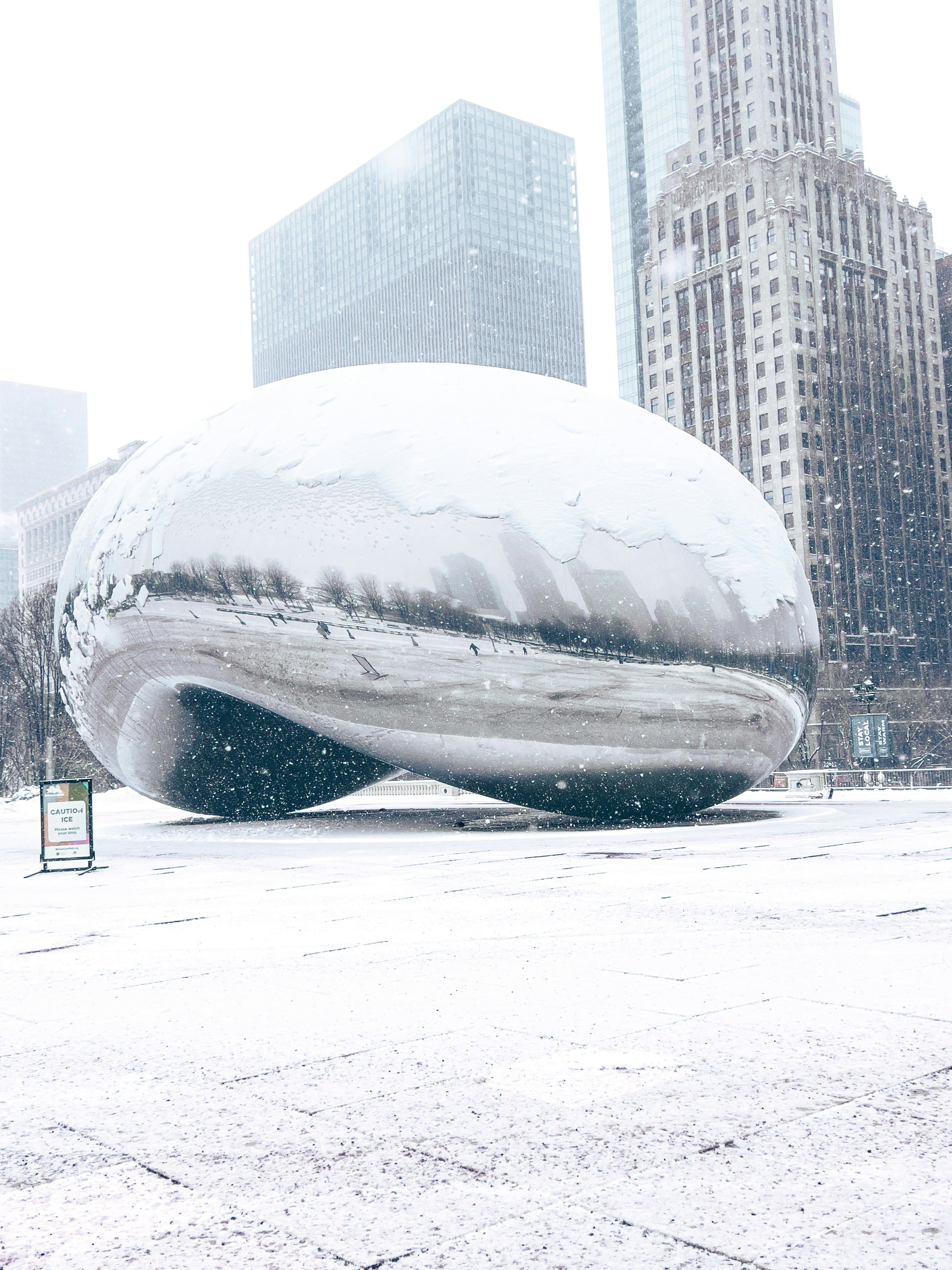 Echo of Steel: Snow-Covered Bean Sculpt in an Urban Winter