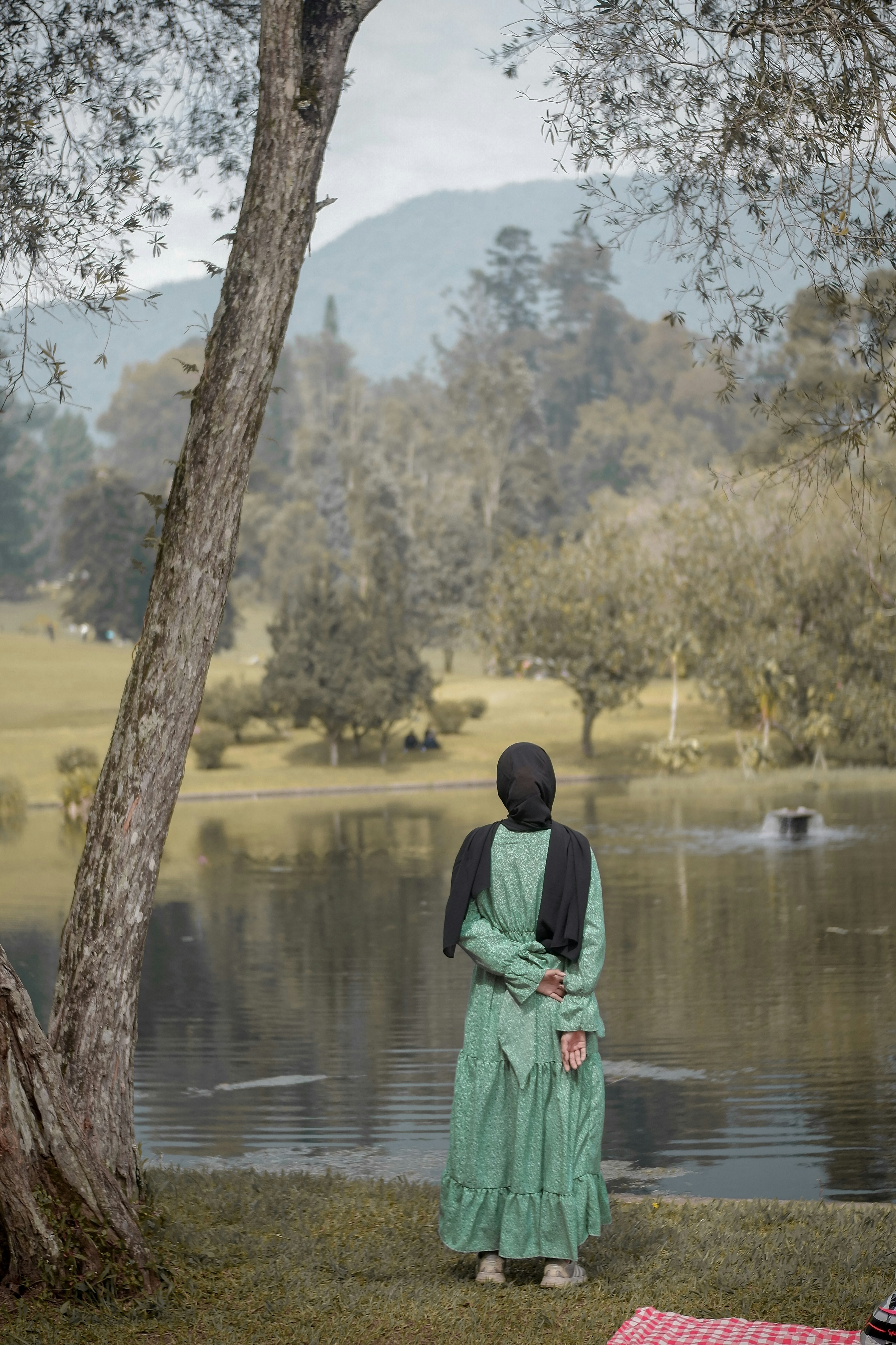 A lone figure in a green dress and black headscarf stands by a calm lake in a park, with trees and distant hills providing a soft backdrop.