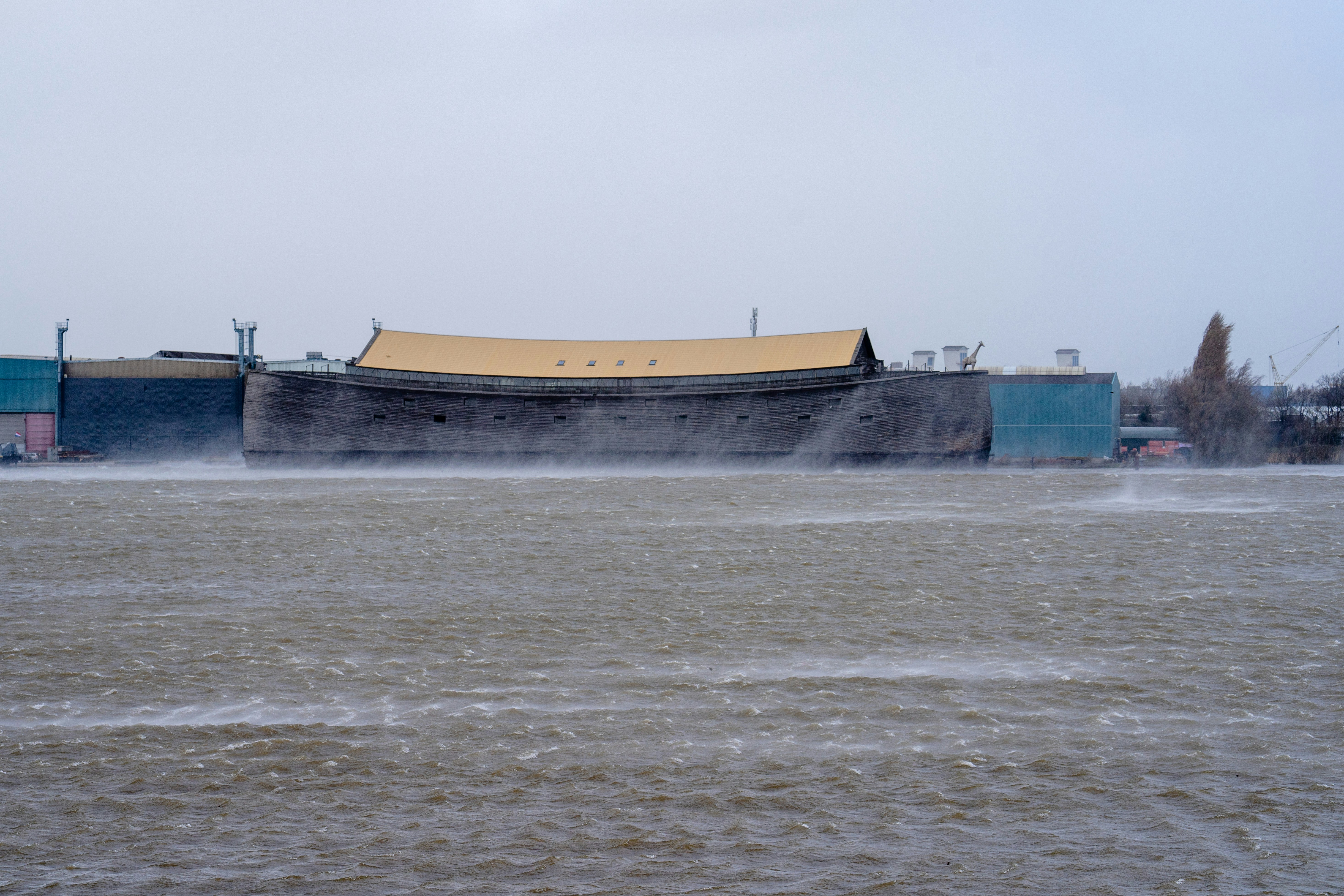 Storm Eunice blowing over the Nieuwe Maas (“New Meuse”) river on February 18th 2022. Near Rotterdam, the Netherlands.