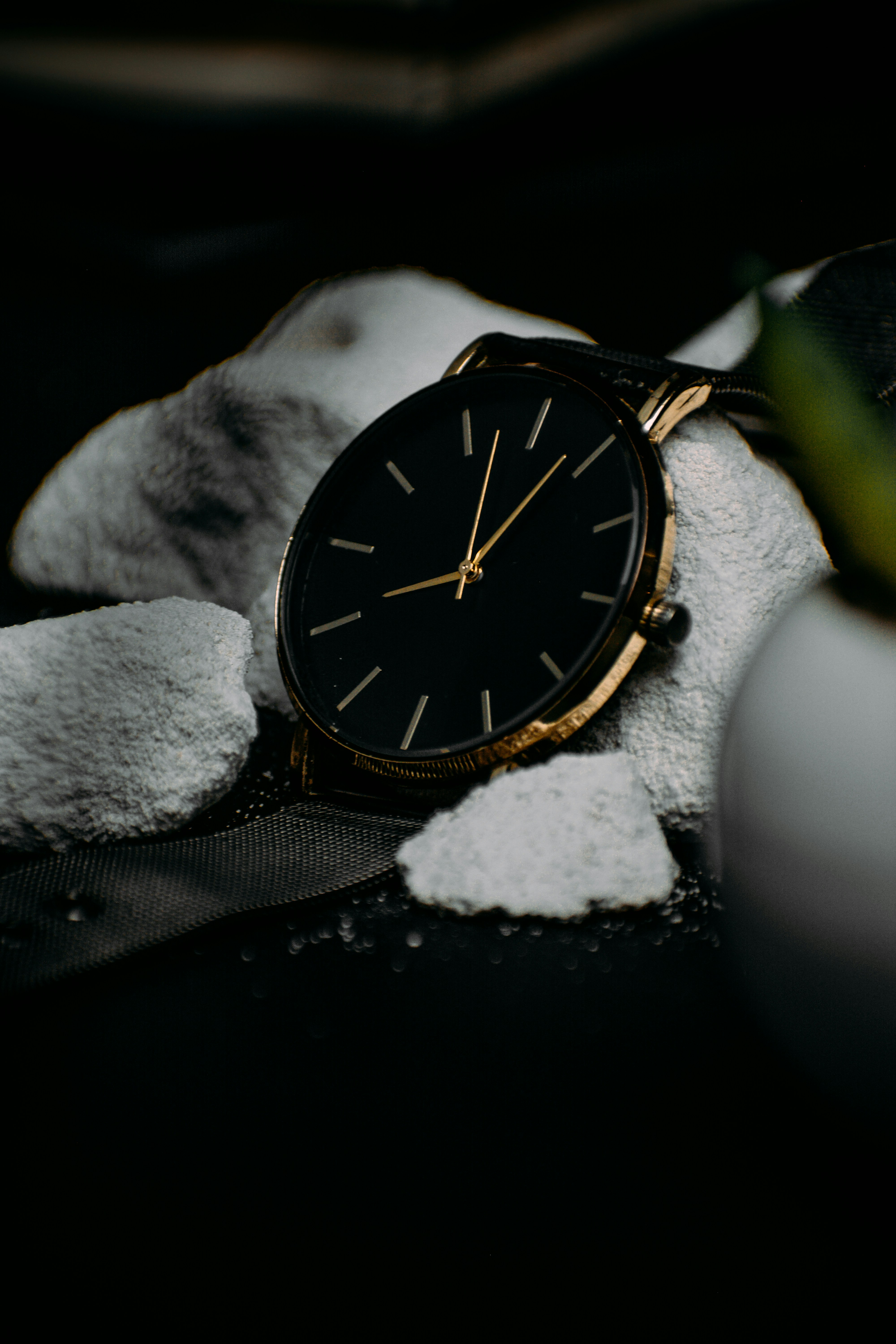 Timeless Silhouette: A Gold-Rinned Watch Nestled in Snowy Pebbles